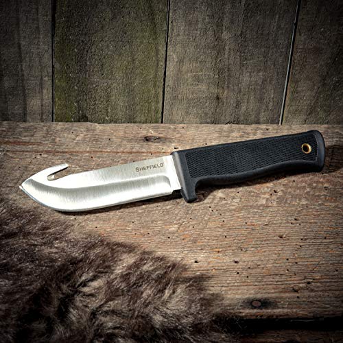 Sheffield 12184 Bax 4.5 Inch Drop Point Fixed Blade Hunting Knife with Gut Hook and Sheath, Full-Tang, Tactical Knife, Self Defense Weapon, and More
