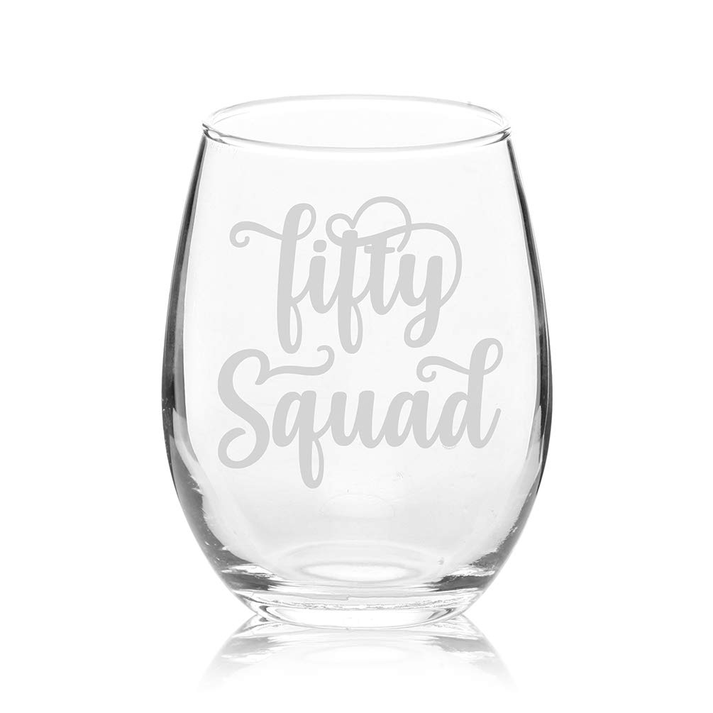 Veracco Fifty Squad Stemless Wine Glass 50th Birthday Gift For Him Her Fifty and Fabulous (Clear, Glass)