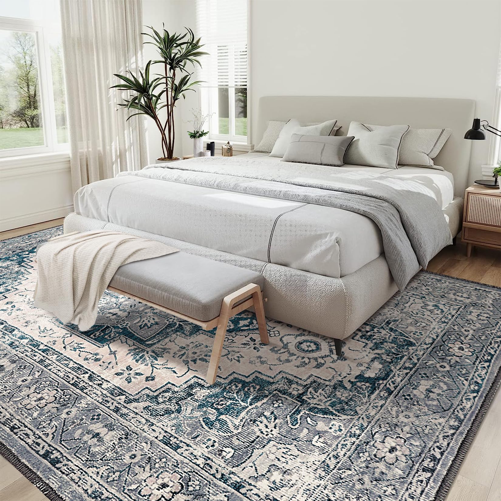 ROYHOME Washable Area Rug 5x7, Vintage Boho Living Room Rug Non-Slip Nursery Rug for Bedroom,Low-Pile Retro Carpet Print Distressed Entryway Rug for Laundry Dining Room Office,5x7