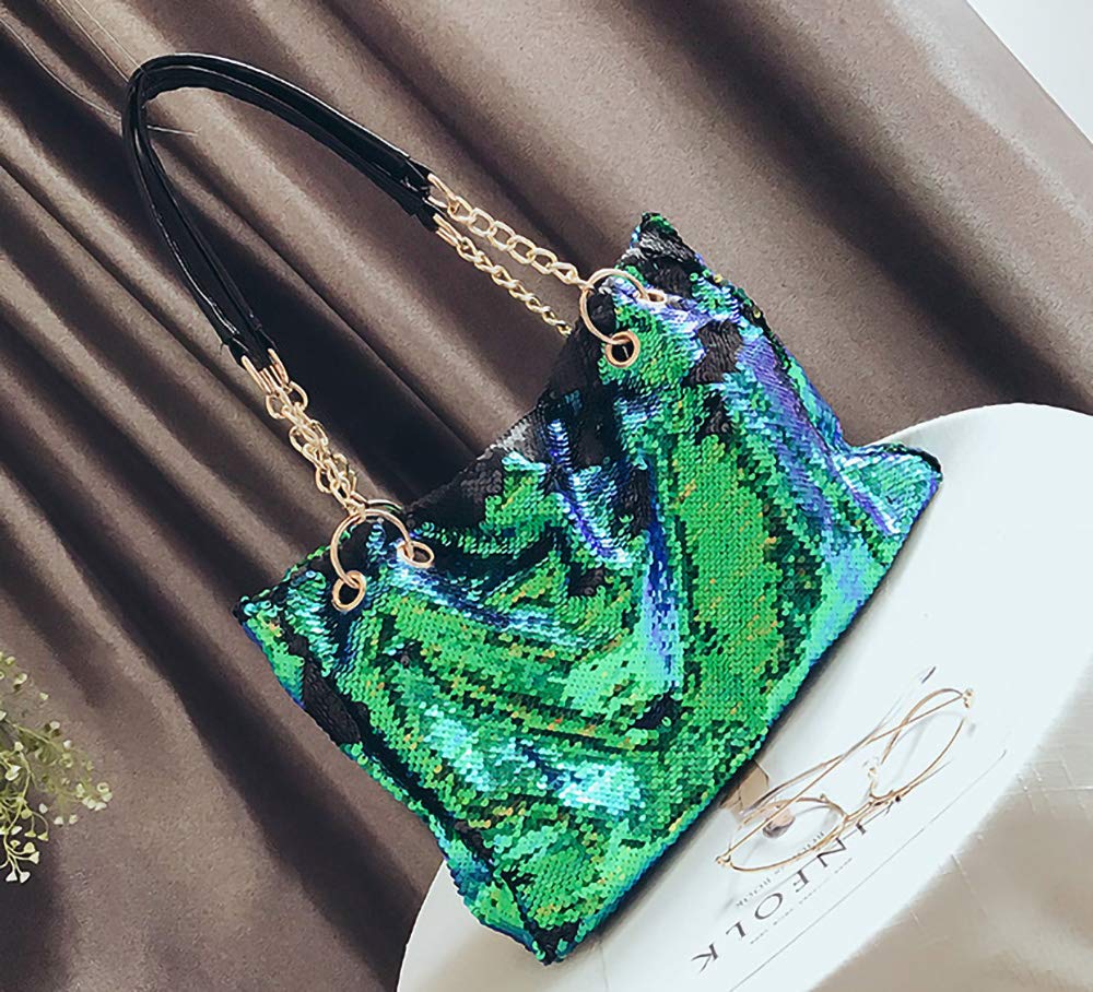 QTKJ Fashion Two Tone Reversible Sequin Tote Bag Zipper Shoulder Bag with Chain and Leather Straps (Green)