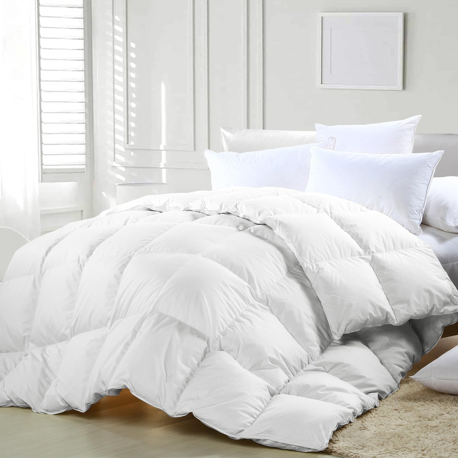 zzlamb All Season Warm Feather Down Comforter Lightweight Duvet Insert Queen Size, Durable Cotton-Blended Down Proof Shell Duvet Insert with Corner Tabs, Queen Size 90''x90'' White