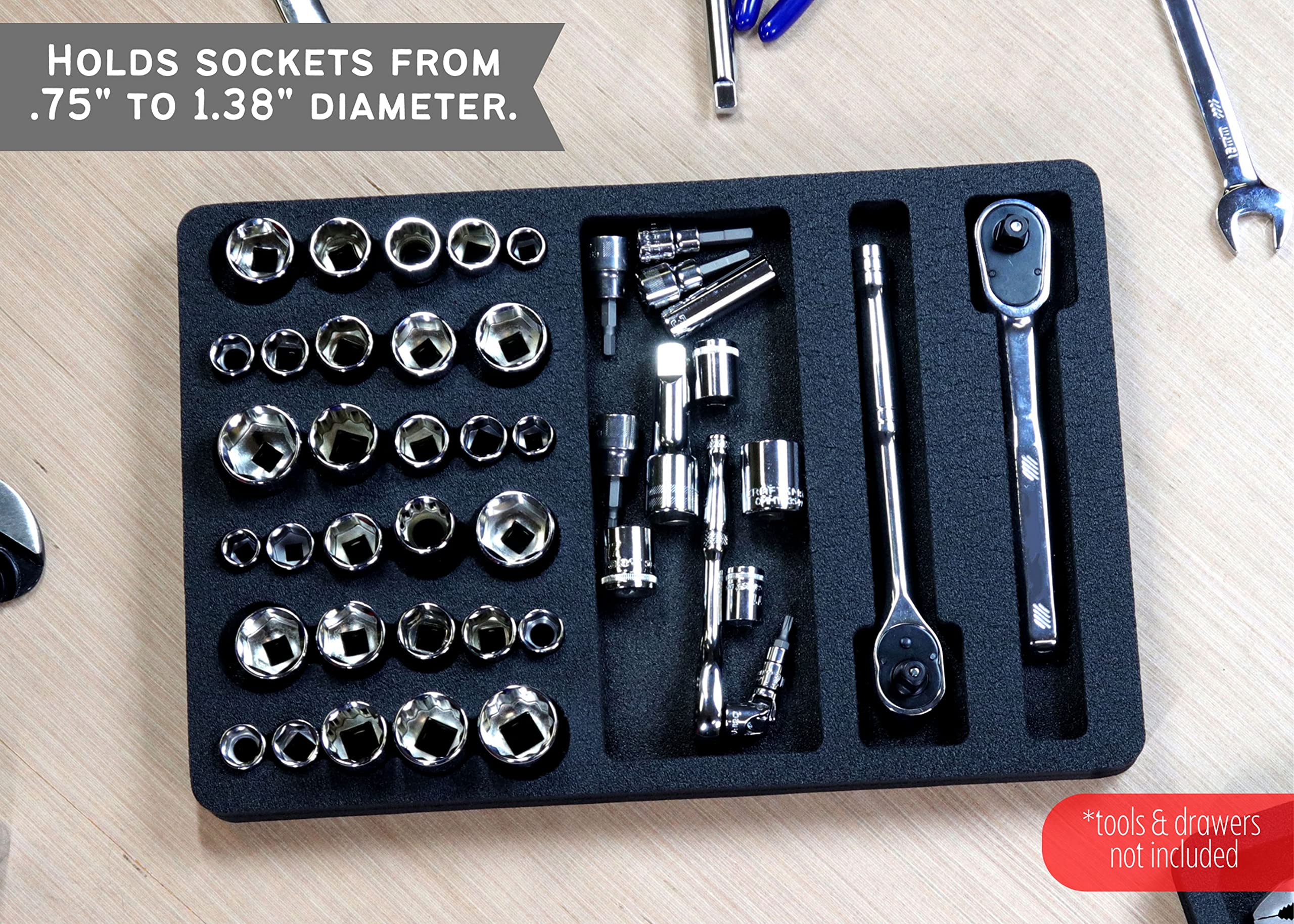 Polar Whale Tool Drawer Organizer 3-Piece Socket Insert Set Black Durable Foam Holds Many Tools 15 x 10 Inch Trays Fits Craftsman Husky Kobalt Milwaukee Many Others