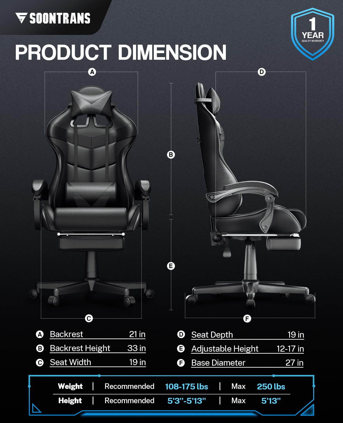Soontrans Black Gaming Chairs with Footrest, Ergonomic Gamer Chair, Home Office Chair,PC Computer Chair with Headrest and Lumbar Support(Dark Black)