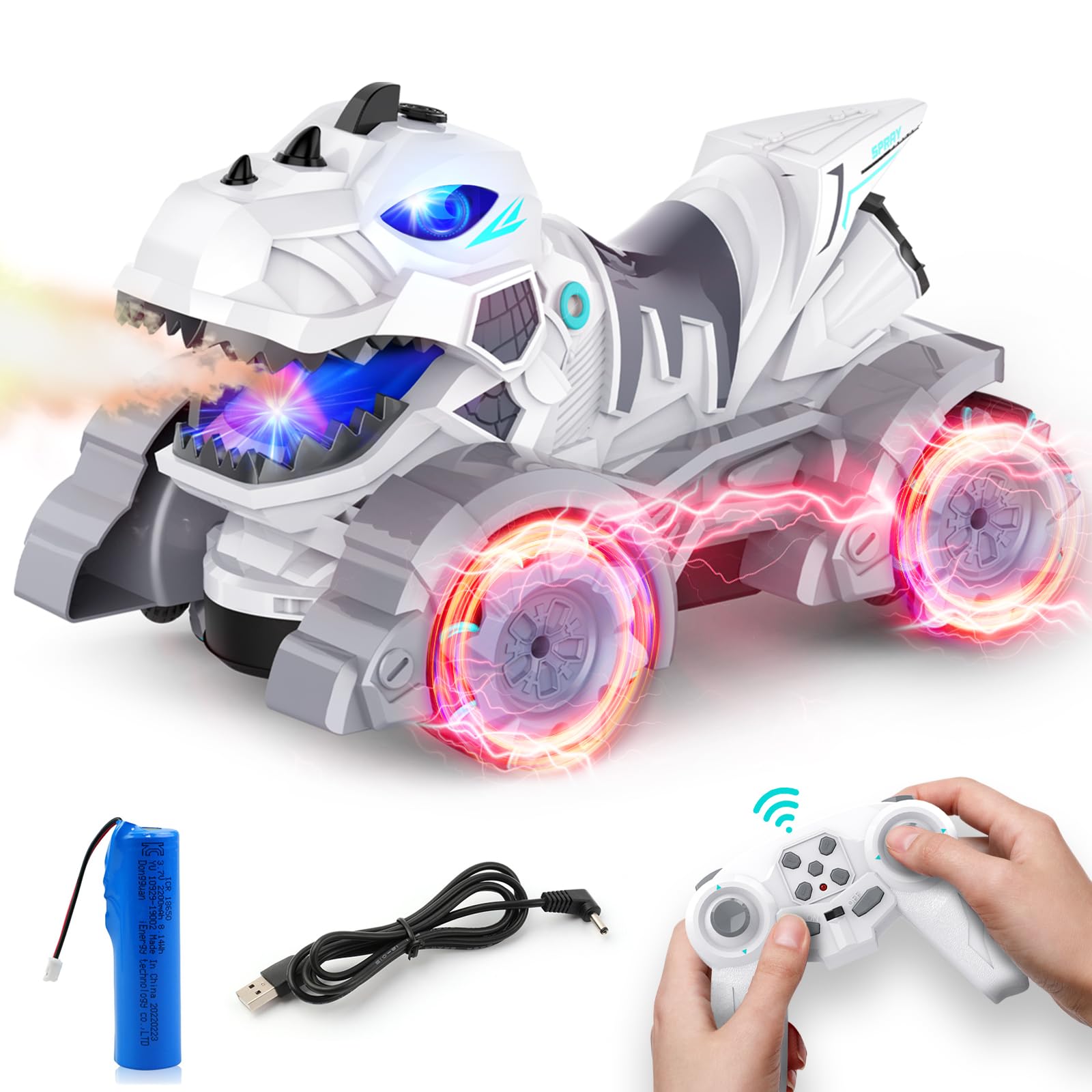 Remote Control Cars Dinosaur Trucks, 2.4 GHz Rechargeable RC Cars Dinosaur Toys for Boys Kids Age 4-7 8-12 With Light Sound Spray, 360°Rotation Drift 1:14 RC Dino Monster Truck, Gifts for Boys (White)