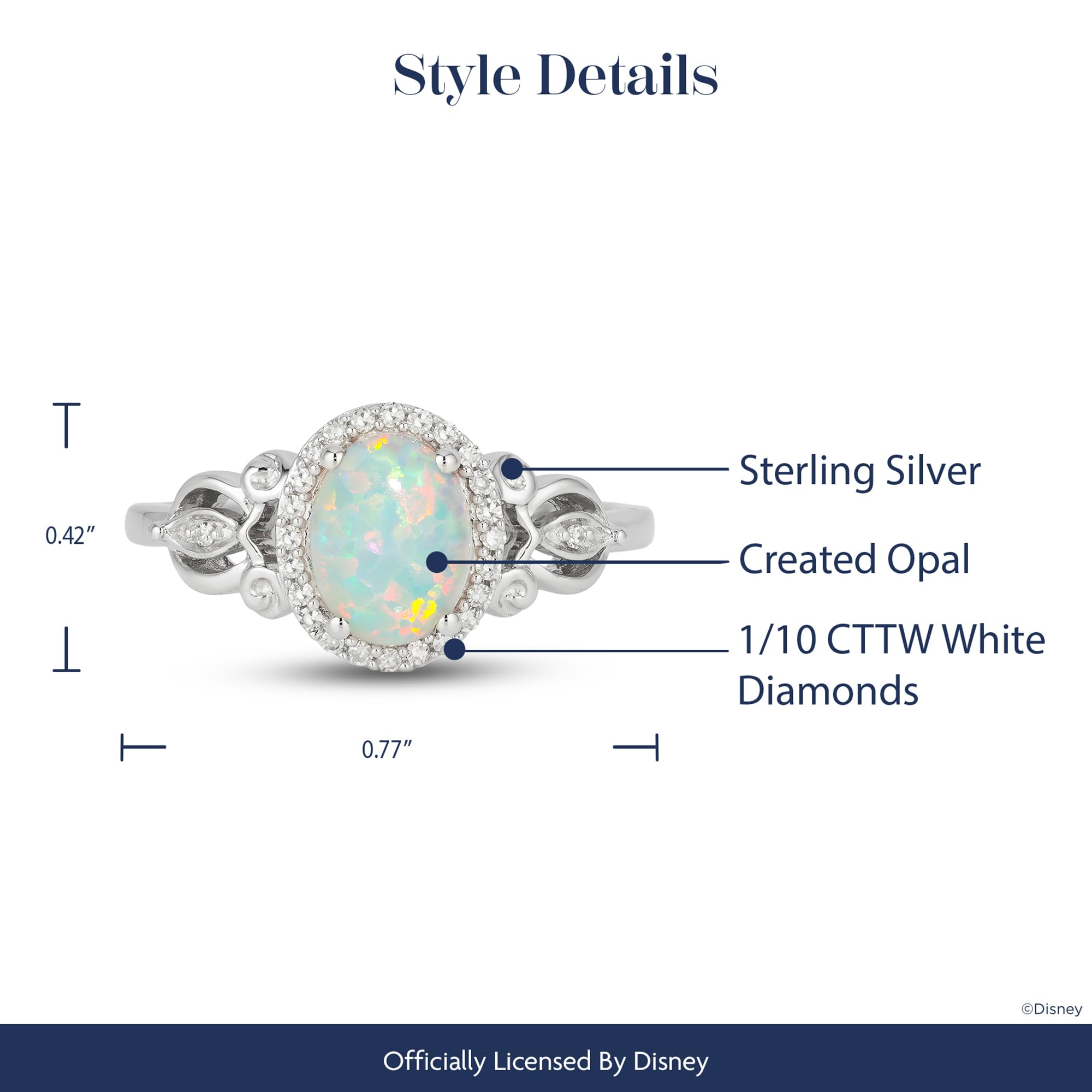 Jewelili Enchanted Disney Fine Jewelry Sterling Silver 8X6 MM Created Opal and 1/10 Cttw Natural White Round Diamond Cinderella Ring, Size 9