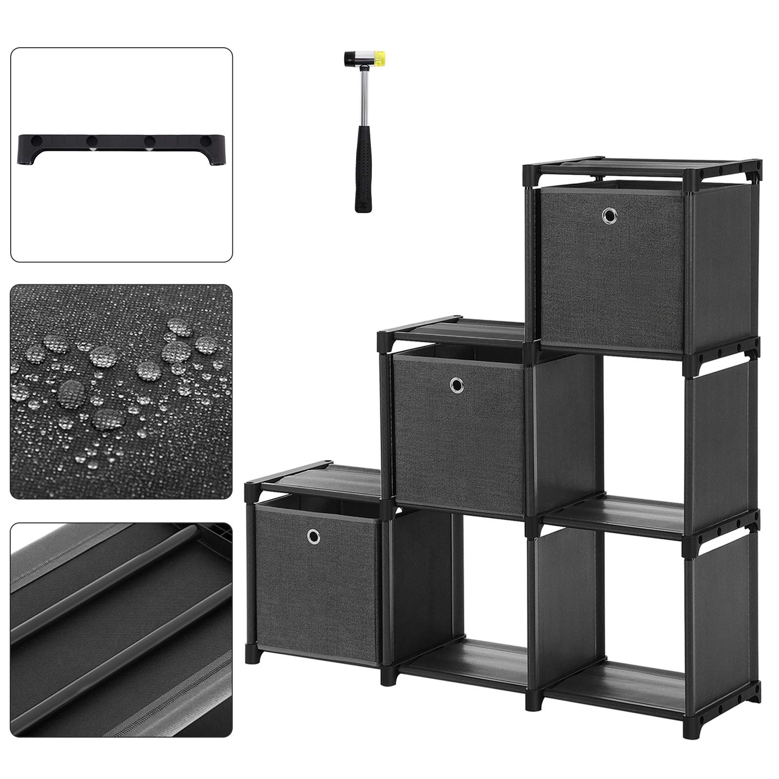 SONGMICS Cube Storage, 6-Cube Bookcase, Ladder Storage Unit with 3 Storage Boxes, DIY Closet Organizer, Sturdy Metal Frame, Includes Rubber Mallet, 41.4 x 11.8 x 41.4 Inches, Black ULSN23BK