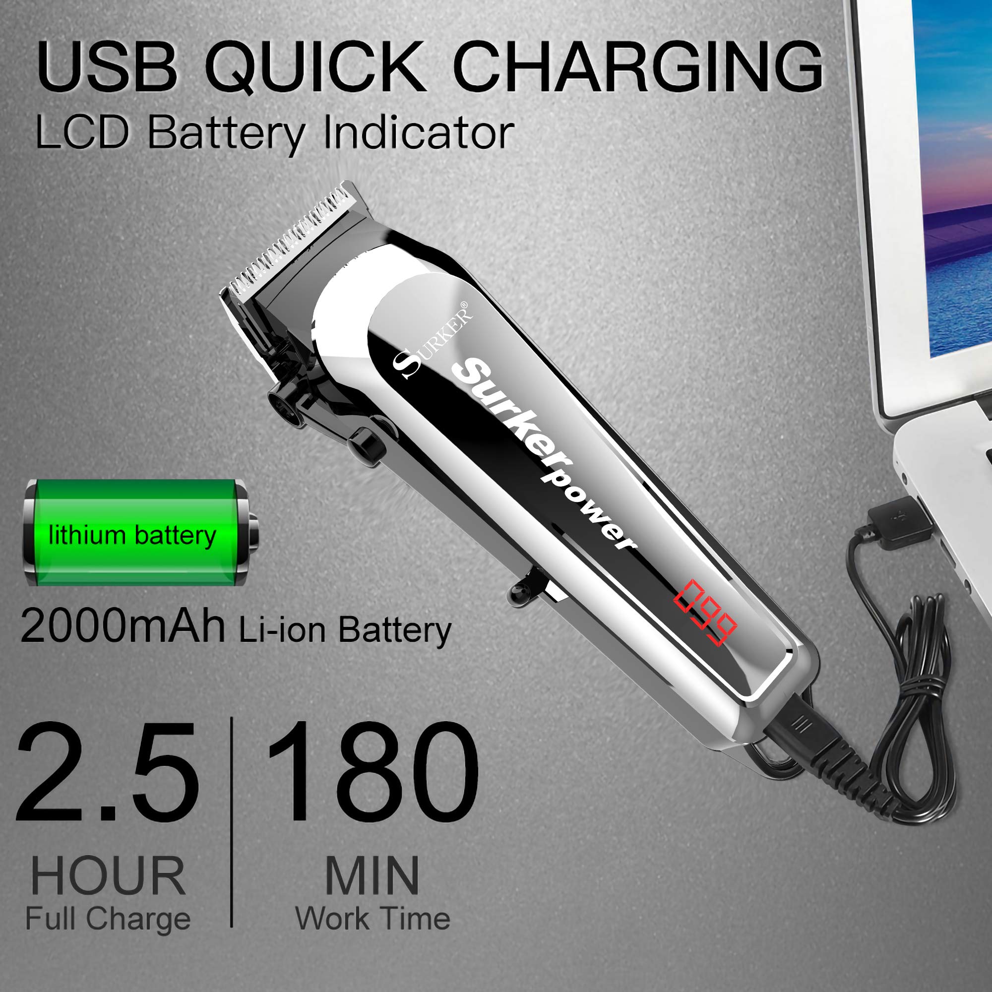 Surker Professional Hair Clippers for Men Cordless Hair Cutting Hair Trimmers Beard Trimmers with Adjustable Taper Lever USB Rechargeable