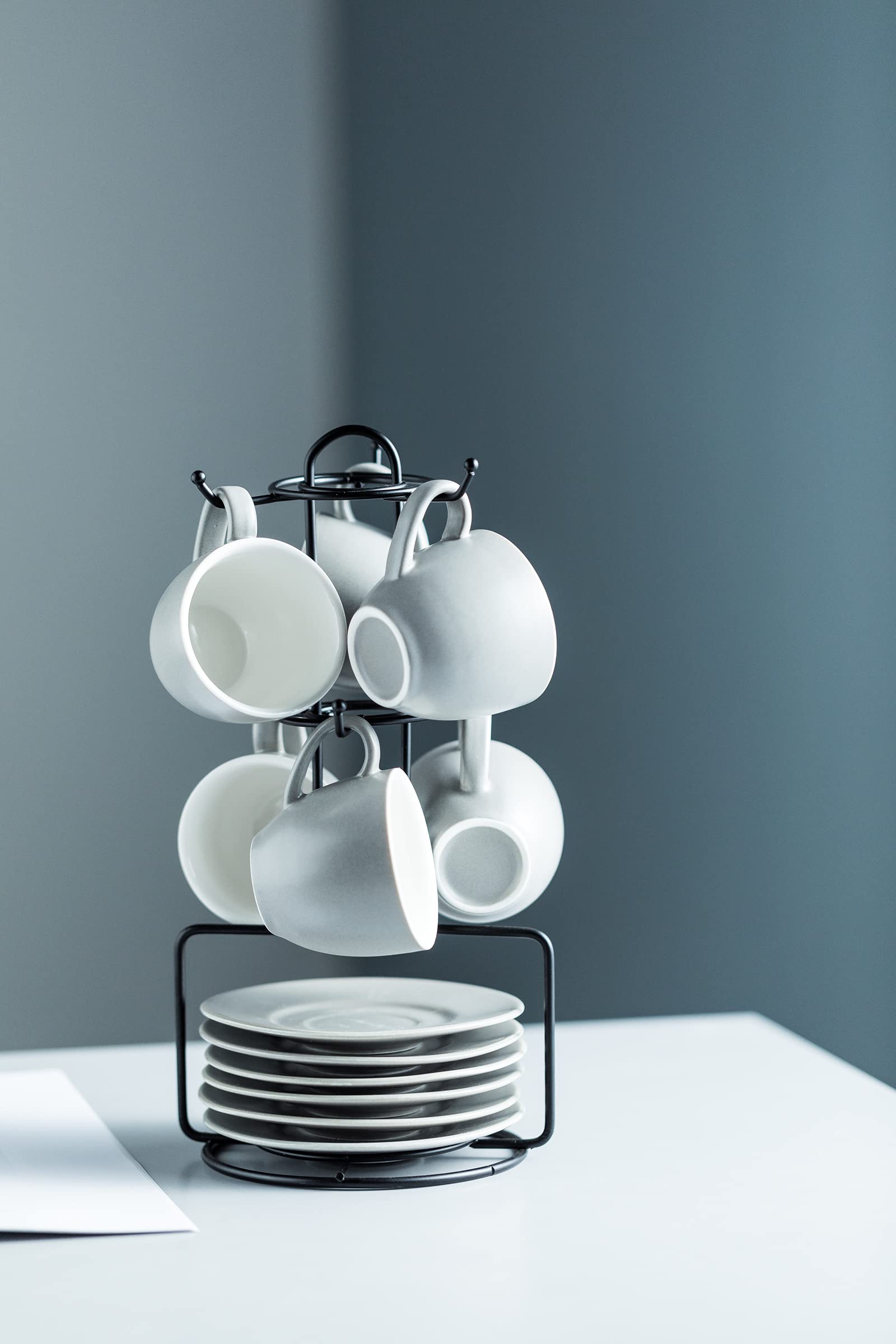 YHOSSEUN Espresso Cups with Saucers Set with Cup Holder 4 oz Cappuccino Cups Set of 6 Porcelain Espresso Cups Set and Metal Stand 3 OZ Demitasse Cup