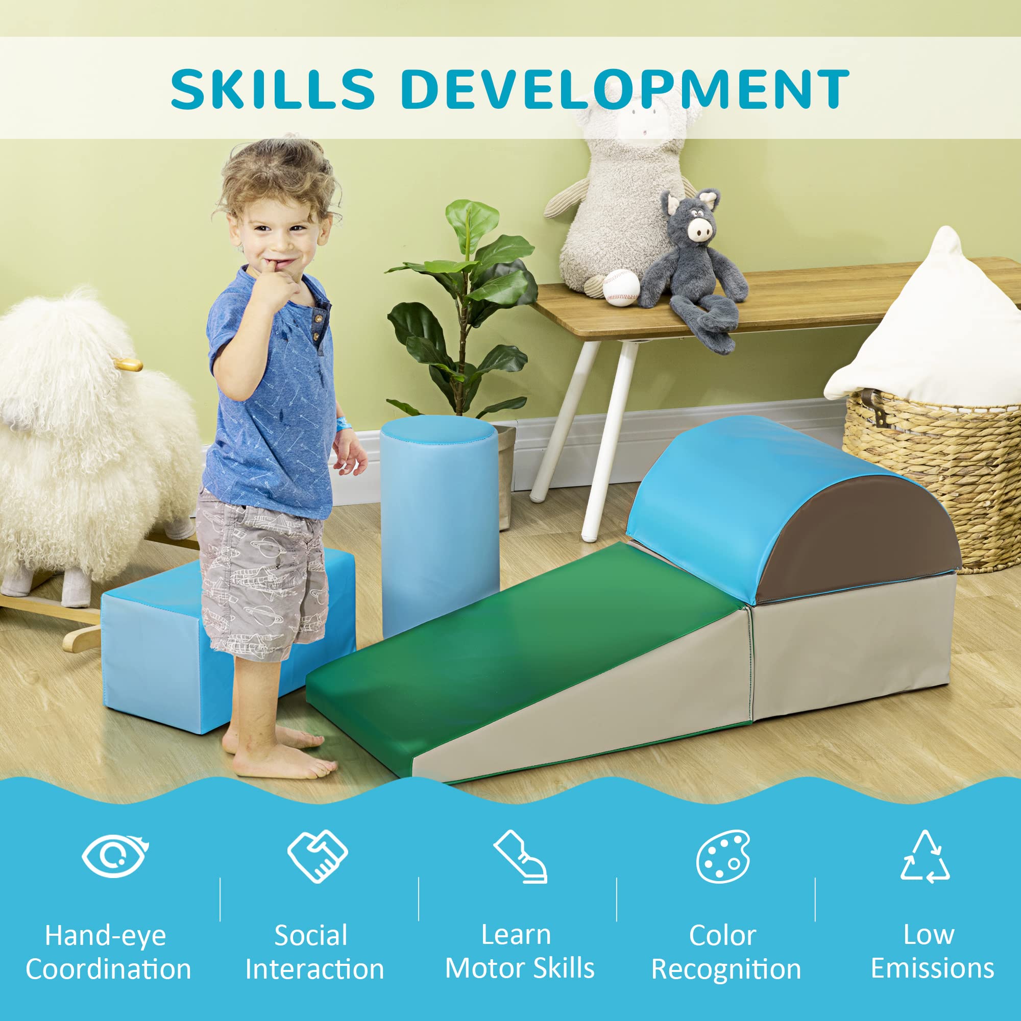 Soozier 5 Piece Climb and Crawl Activity Play Set, Baby Soft Play Set, Foam Climbing Blocks for Toddlers, Kids Preschooler Indoor Play Equipment Multicolor