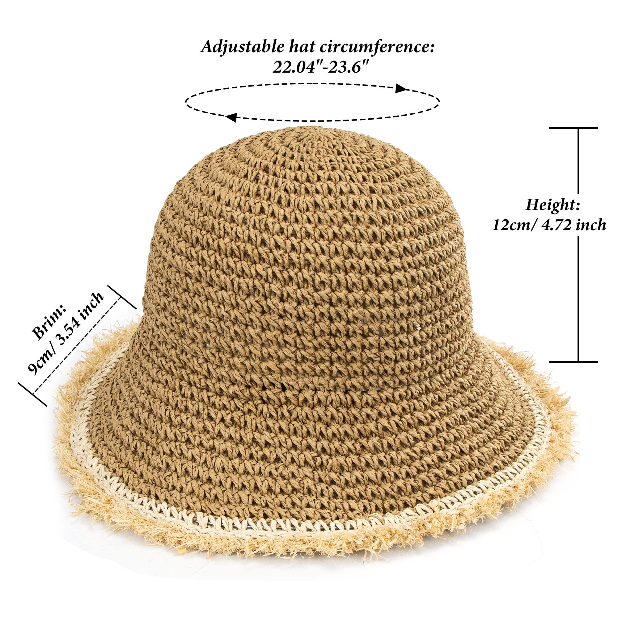 Womens Summer Frayed Straw Bucket-Sun-Hats Floppy Wide Brim Beach Straw Bucket Hat (Large/60cm) Khaki