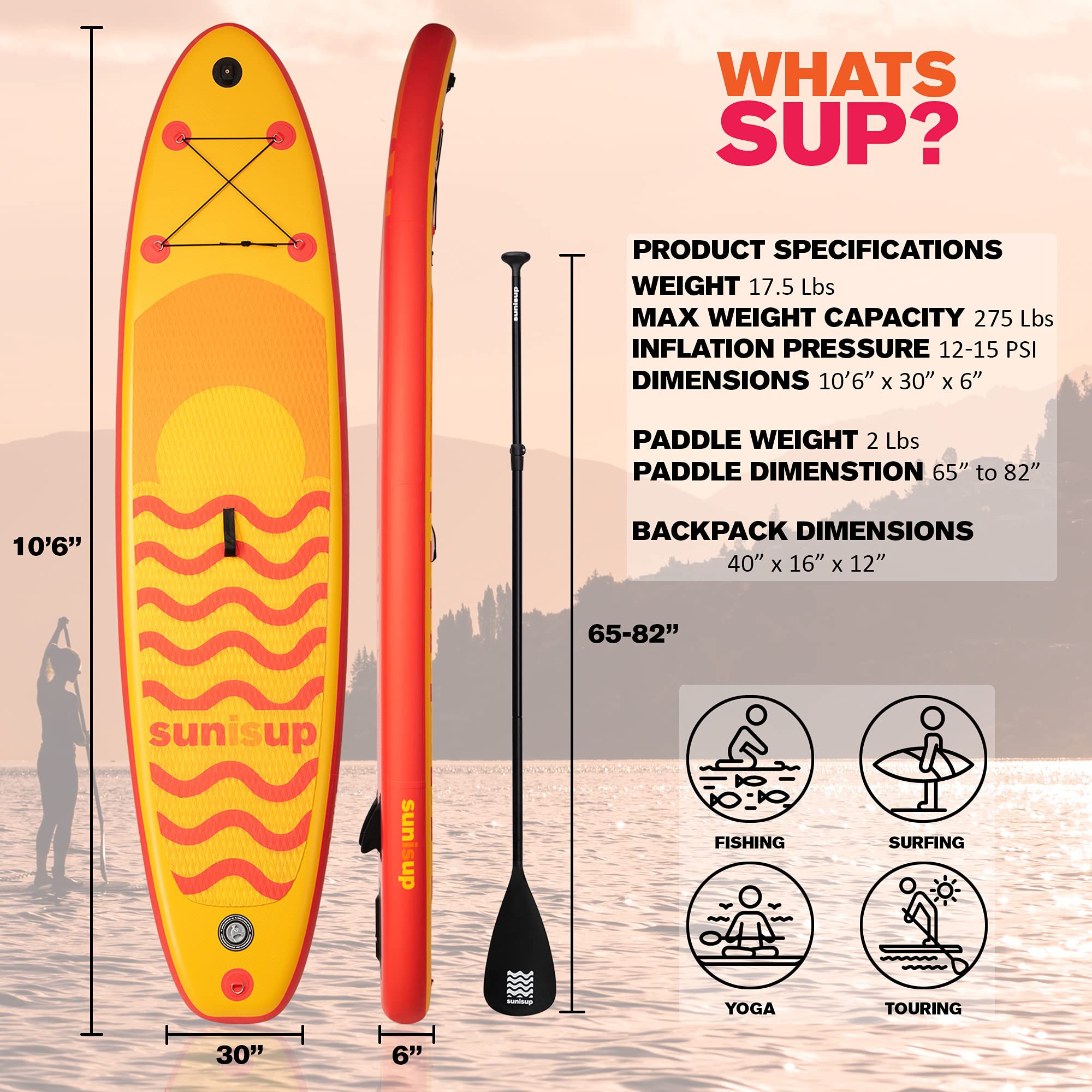 SUNISUP SUP Inflatable Paddle Board for Adults, 10.6β x 30β x 6β, Non-Slip Stand Up Deck with Bottom Paddling Fin, Paddleboard Accessories with Air Pump, Bag, Ankle Leash, Go Pro Mount (Orange/Yellow)