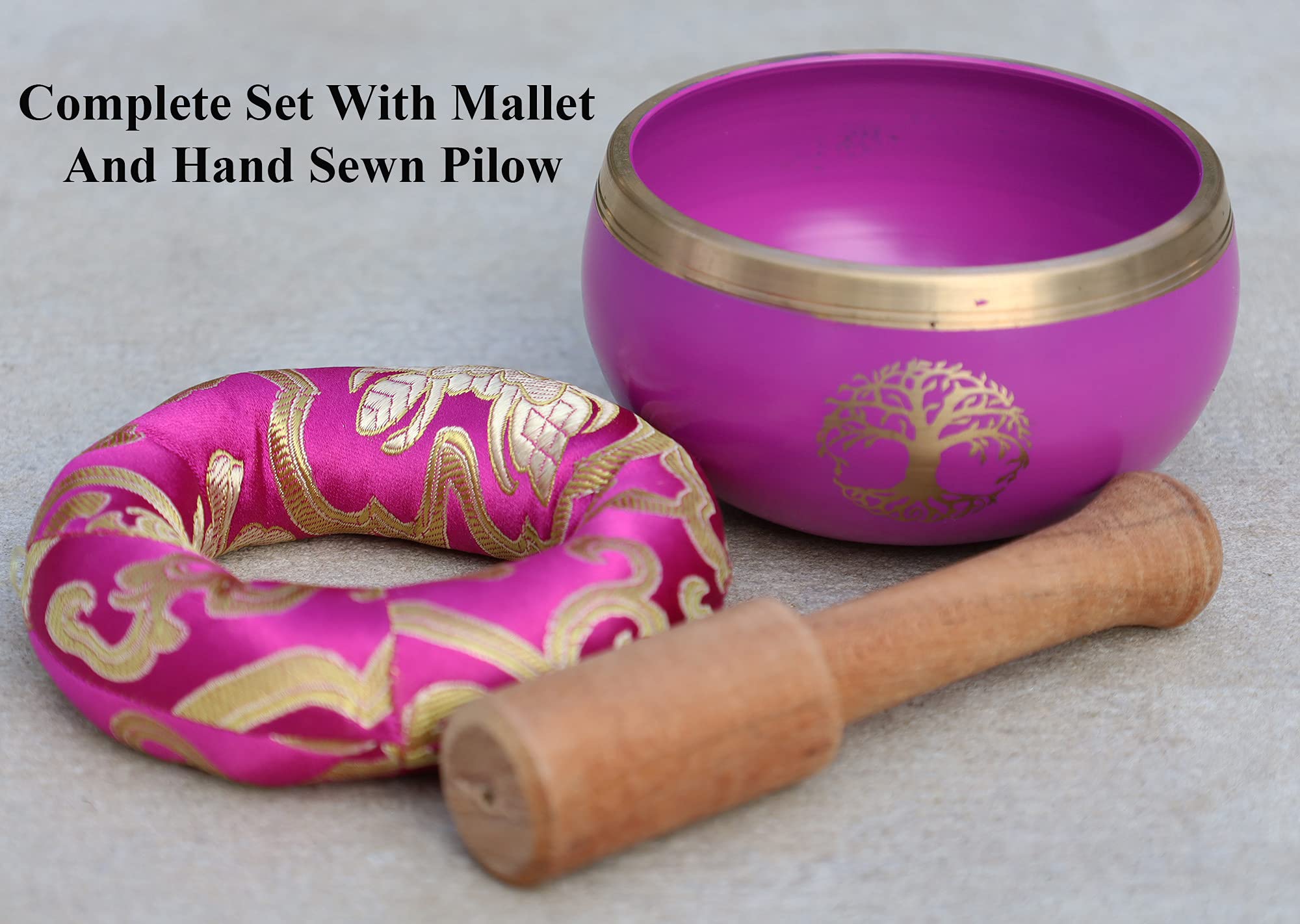 Tree Of Life Singing Bowl Complete Set ~ For Meditation, Yoga, Spiritual Healing and Mindfulness (Pink)