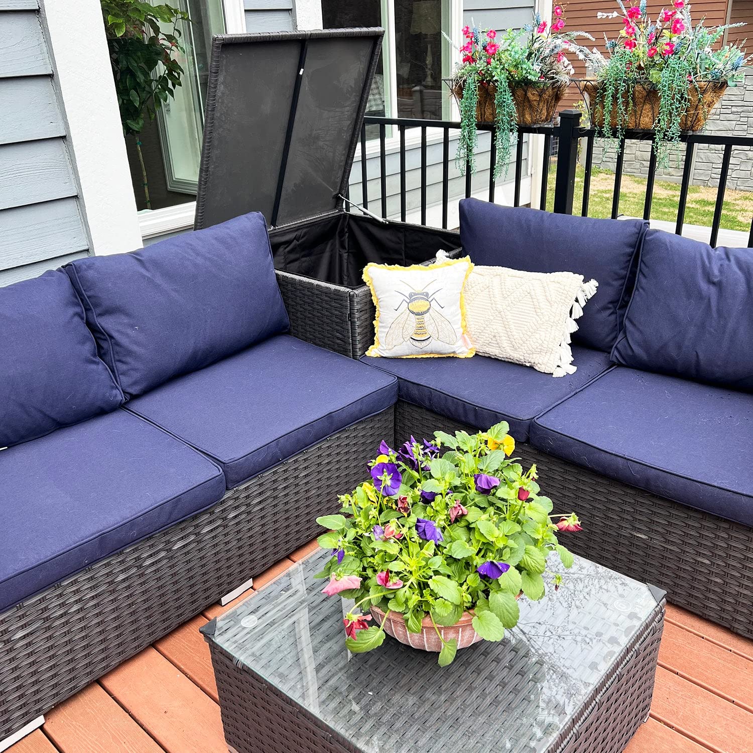 Sophia & William 9 Piece Patio Furniture Set Rattan Wicker Outdoor Sectional Sofa Set with Dining Table and Chairs, Conversation Set with Storage Box & Glass Table Top