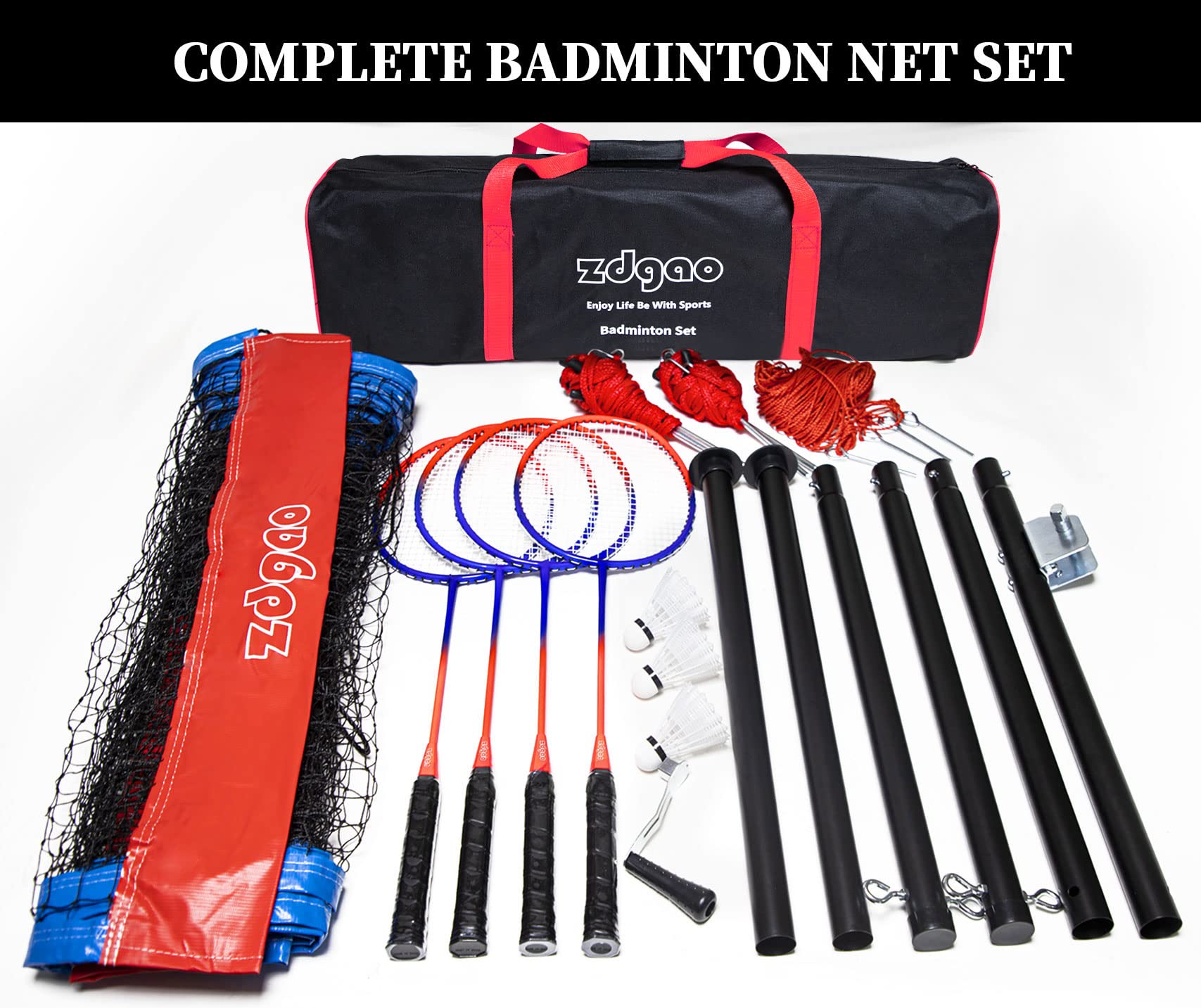 Zdgao Badminton Sets for Backyards with Net | Portable Badminton Net with Winch System, Aluminum Badminton Rackets Set of 4, 3 Nylon Shuttlecocks, Boundary Line and Durable Carrying Bag (Red & Blue)