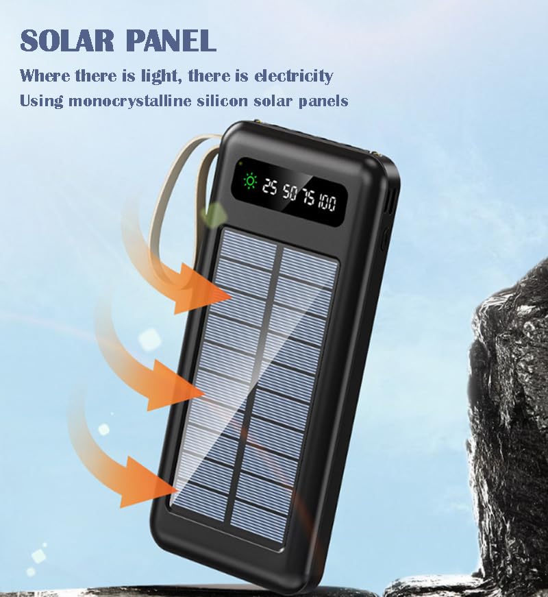 Solar Power Bank, Portable Charger, 20000mAh External Backup Battery Charger, Fast Charging Solar Panel & USB Charging, with line & Light