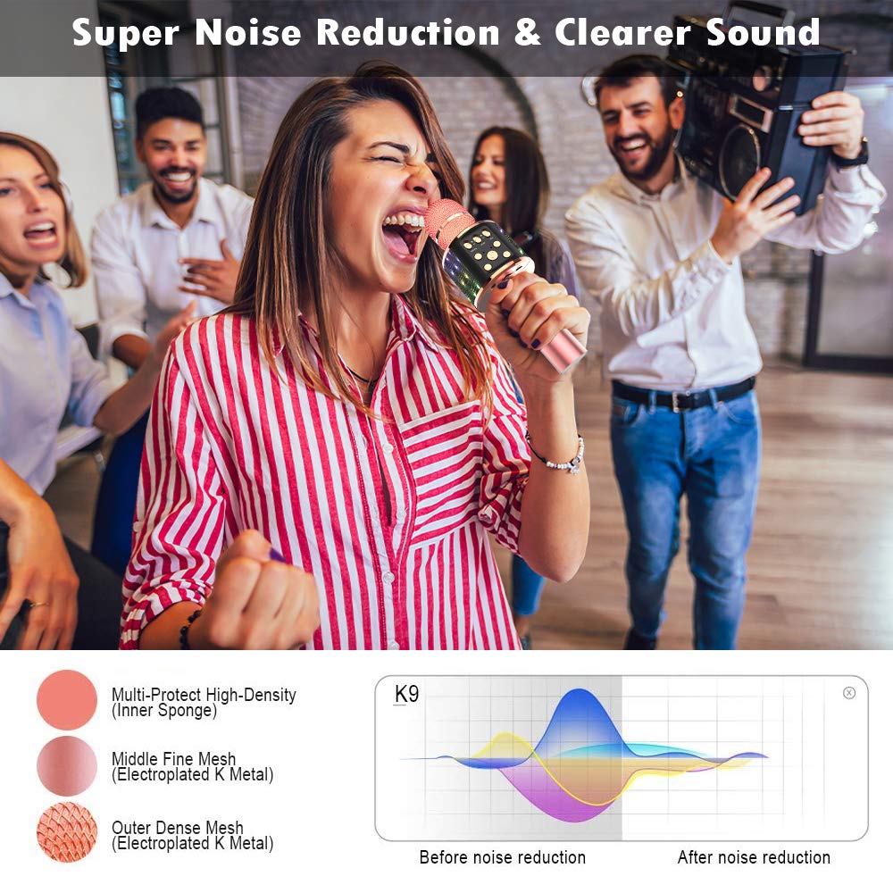 Wireless Bluetooth Karaoke Microphone with Controllable LED Lights, Portable Handheld Funny Microphone for Kids with Dual Sing, Suitable for Christmas Birthdays Family Gatherings Speeches(Black)