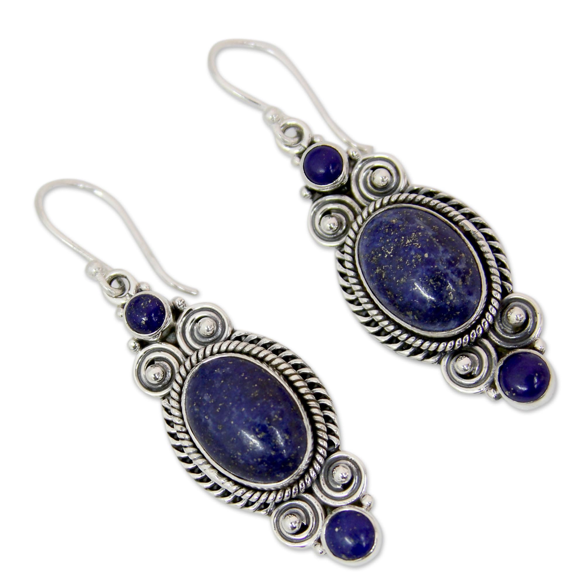 NOVICA Artisan Handmade Lapis Lazuli Dangle Earrings Ornate Sterling Silver with Blue India Snorkel Birthstone [2 in L x 0.6 in W x 0.3 in D] ' Johari Treasure'