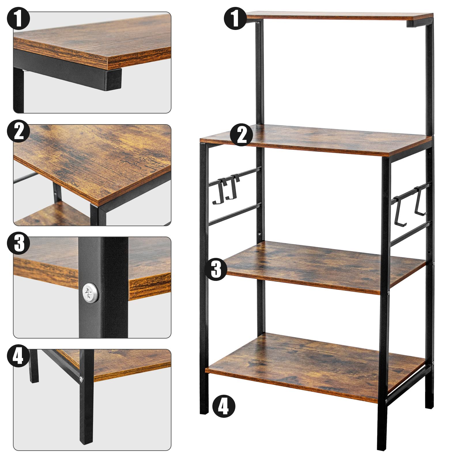 Sasoiky Bakers Rack,4-Tier Kitchen Storage Shelf Rack,Microwave Cart Coffee Bar Stand Rack with 4 Hooks,Bakers Racks for Kitchens with Storage(Light Brown)