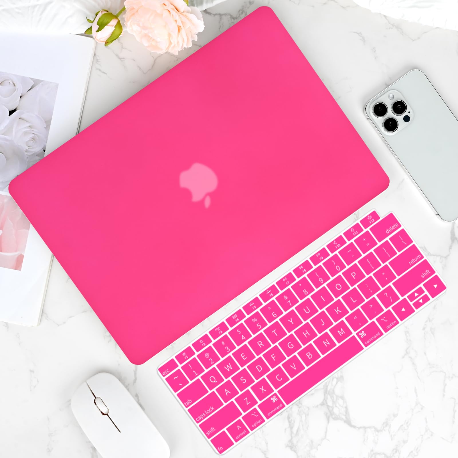 Seorsok Compatible with MacBook Air 13 Inch Case2022 2021 2020 2019 2018 Release A1932 A2179 M1 A2337 Touch ID,Plastic Hard Shell Case with Keyboard Cover-Hot Pink