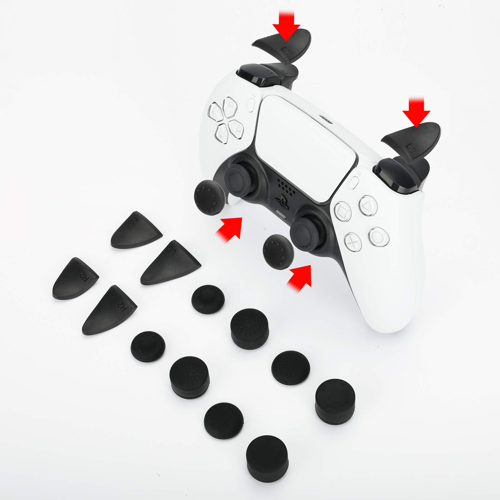 TOMSIN 2 Pairs Trigger Extender with 8 Pcs Thumbstick Grips for PS5 Dualsense Controller