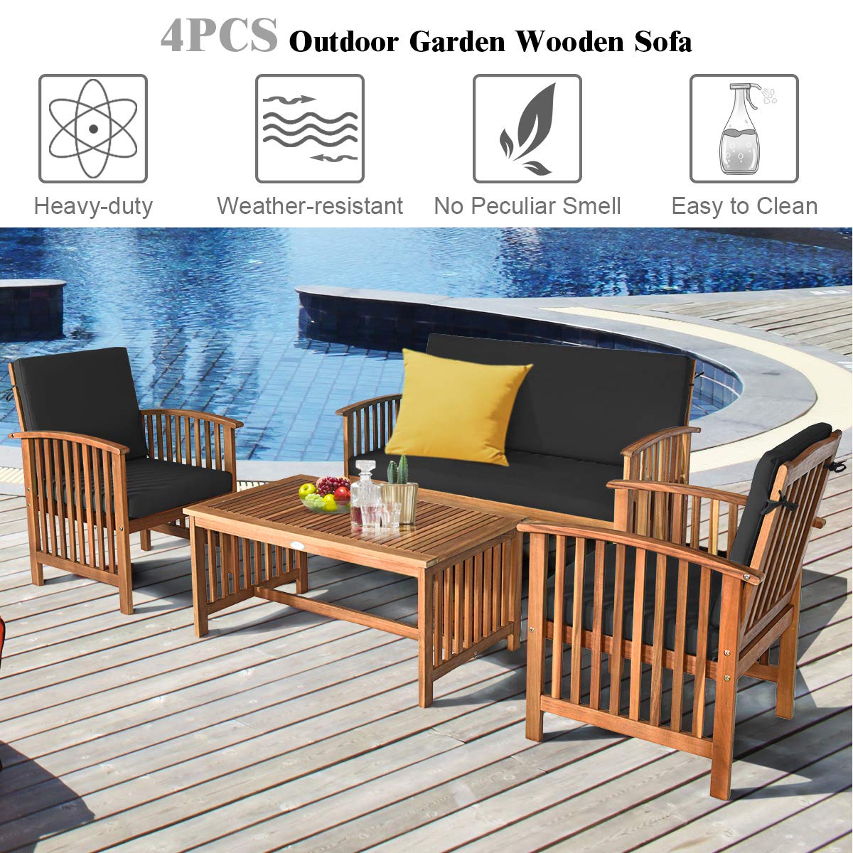 Tangkula Outdoor 4 PCS Acacia Wood Sofa Set w/Water Resistant Cushions, Padded Patio Seating Chat Set w/Coffee Table for Garden, Backyard, Poolside (1, Black)