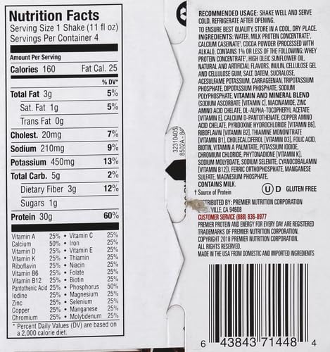 Premier Protein Shake, Chocolate, 30g Protein, 1g Sugar, 24 Vitamins & Minerals, Nutrients to Support Immune Health, 4 Count, 44 Fl Oz