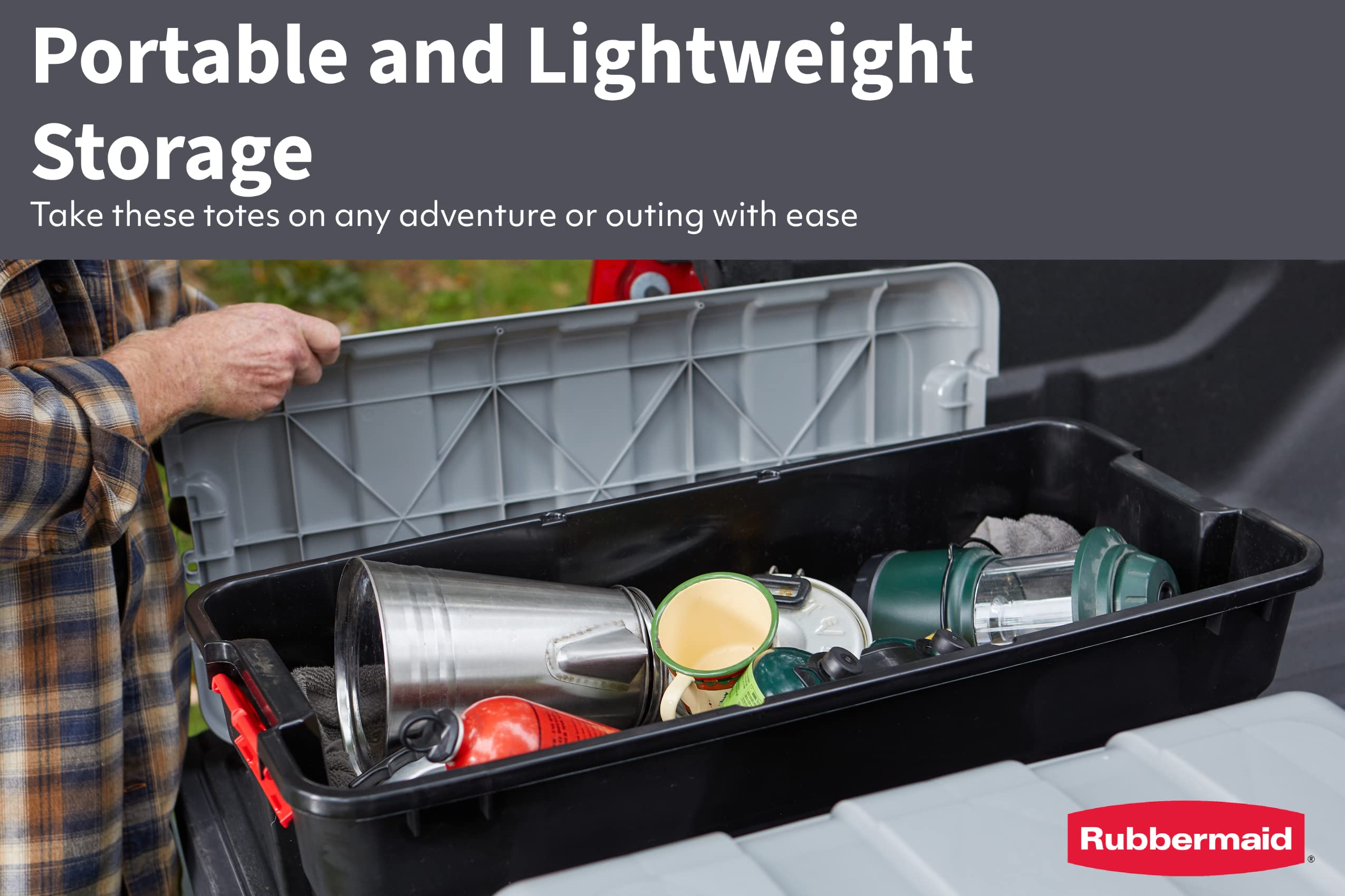 Rubbermaid Pack & Go 16 Gal Storage Tote, Durable Design and Easy to Transport, Built-In Handles, Tie Down Channels and Lockable Snap Tight Lid, Black Base with Gray Lid and Red Handles, Pack of 3