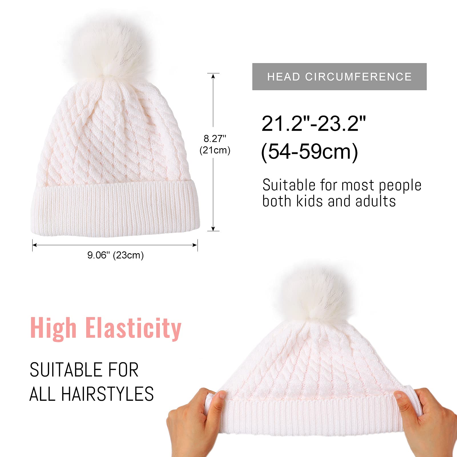 Womens Winter Satin Lined Beanie Hat Cuffed Cable Knit Detachable Faux Fur Pompom Silky Lined Warm Cap White