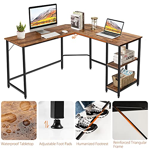 Tangkula Industrial L-Shaped Computer Desk, Space-Saving Corner Desk with Storage Bookshelves & Adjustable Foot Pads, Home Office Desk Study Workstation for Home Office