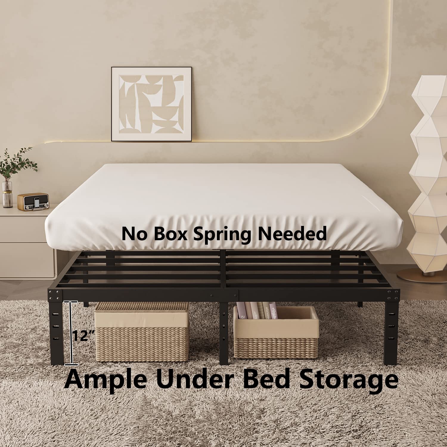 QUALEONA Bed-Frame-Queen, Metal Platform Queen-Size-Bed-Frame, No Box Spring Needed, Heavy Duty Steel Slat Support, Noise Free, Easy Quick Assembly, 14 Inch, Black