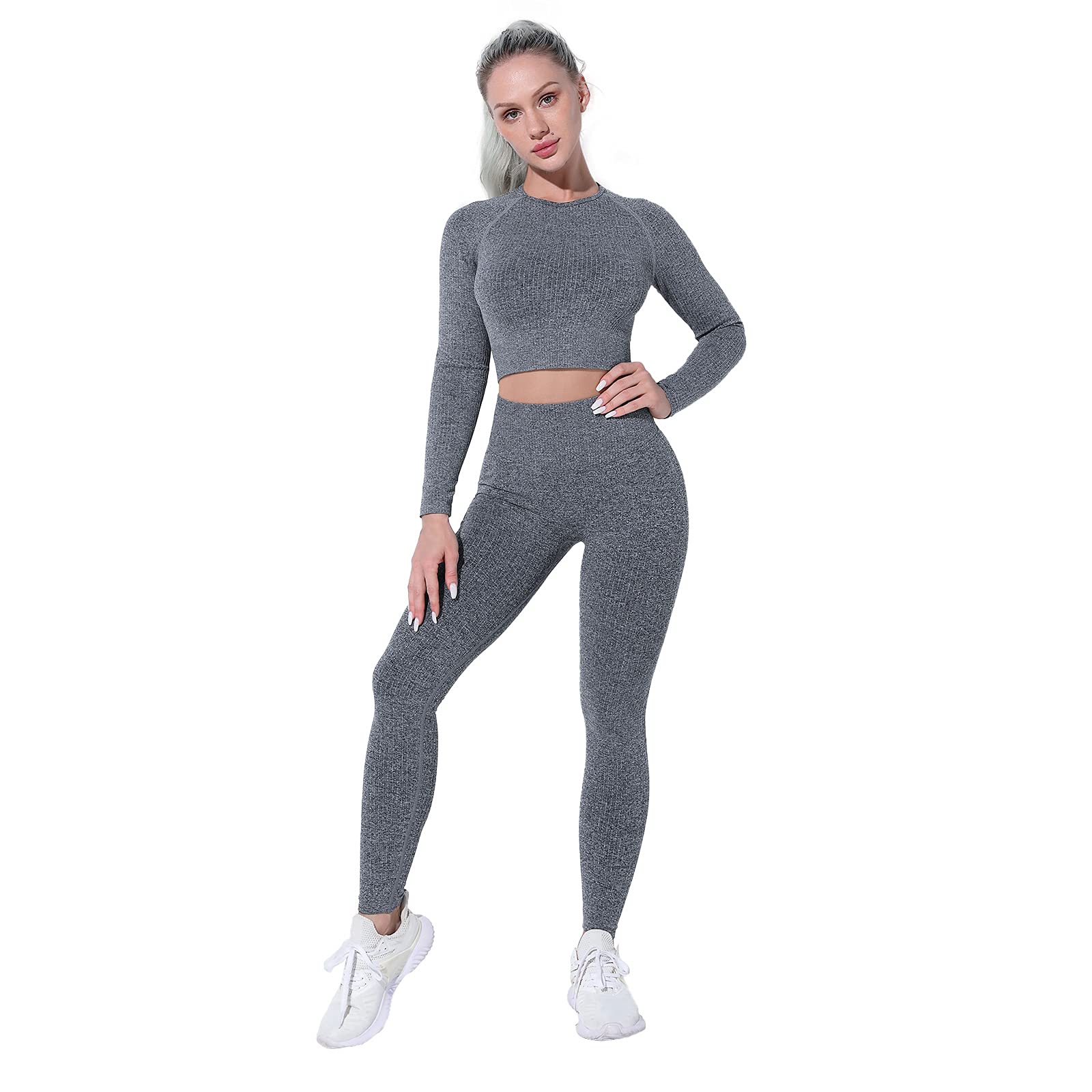 Workout Sets for Women 2 Piece Long Sleeve Seamless Crop Tops Gym Clothes Outfit