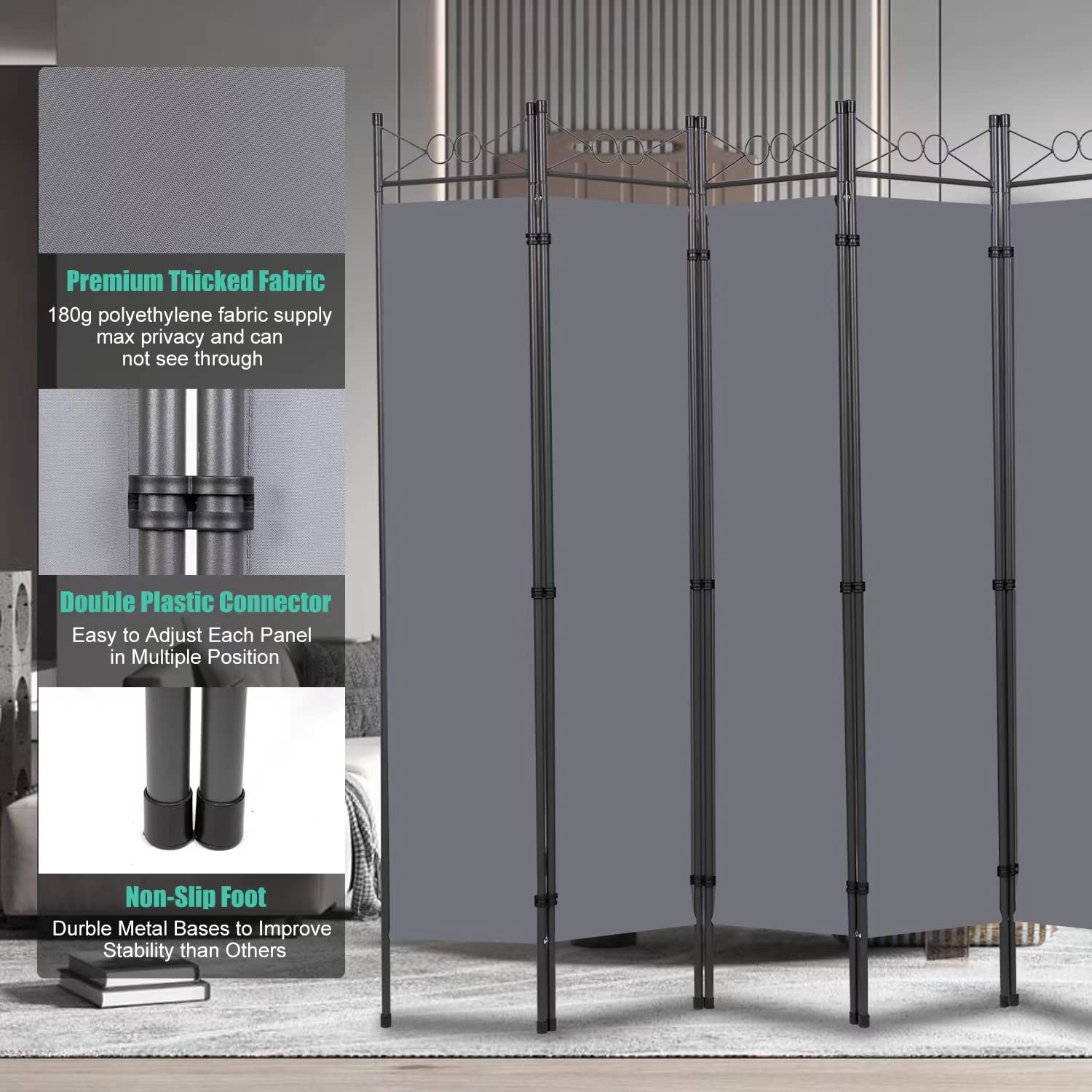 Room Divider 4 Panel Tall Room Dividers and Folding Privacy Screens, 6 Ft Indoor Divider Room Fabric Panel W/Matel Frame, Freestanding Wall Divider Screen, Partition Room Dividers for Office, Dorm