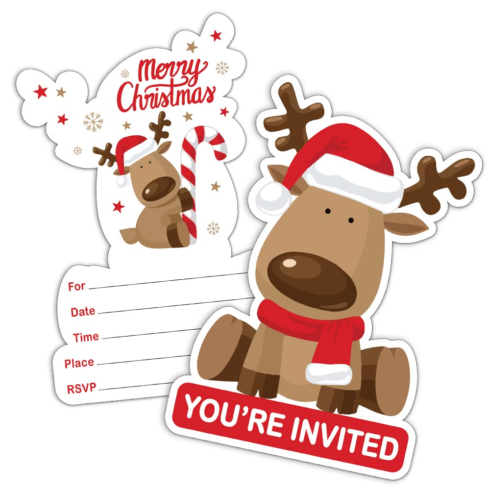 REWIDPARTY Christmas Elk Party Invitation Cards with Envelopes(Set of 15) Merry Christmas Shaped Fill-in Invitations Christmas Party Supplies Decorations Party Celebration Cards for Kids Teens Adults