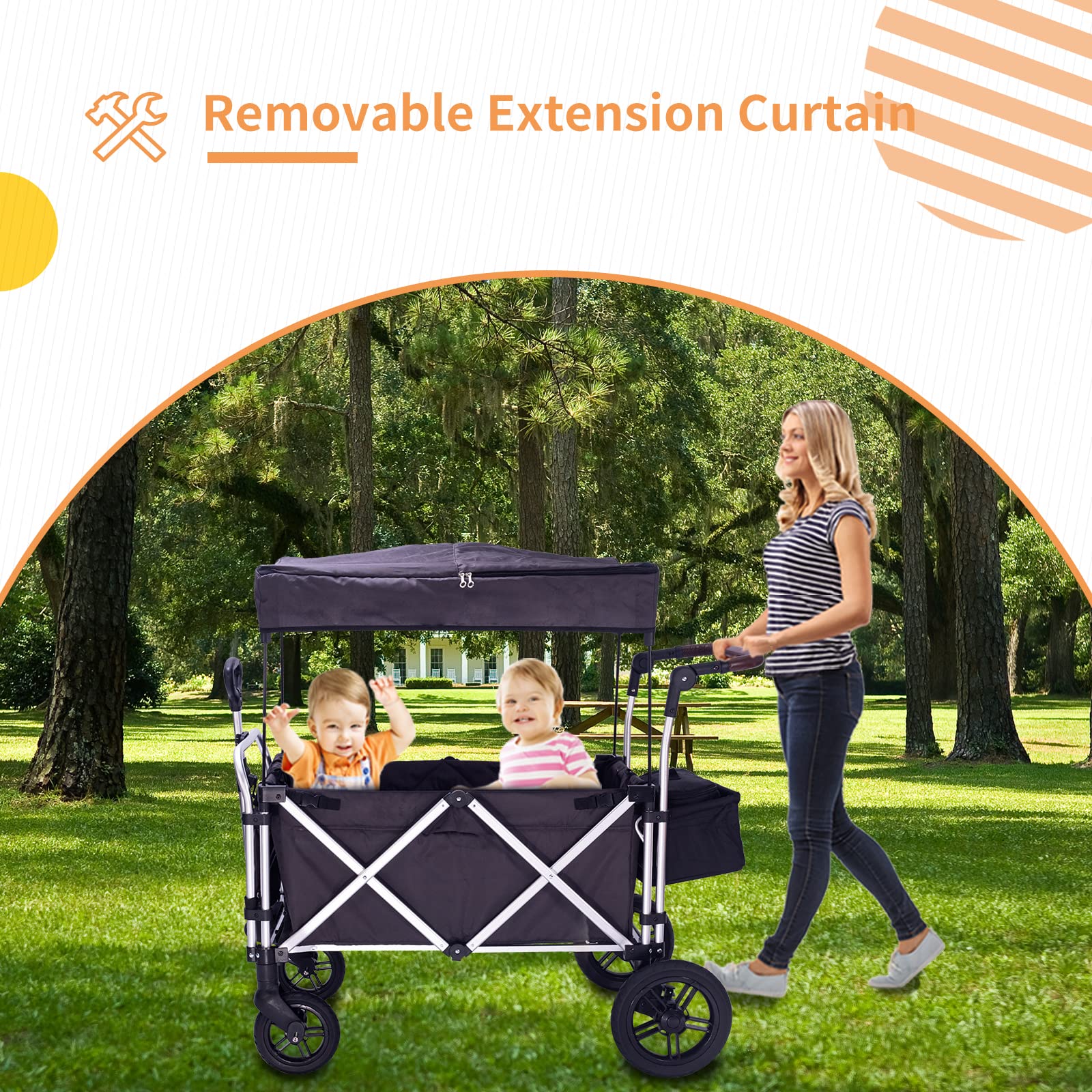 Stroller Wagon for 2 Kids, Wagon Cart Featuring 2 Seat with 5-Point Harnesses and Adjustable Canopy, Foldable Push-Pull Rod Wagon Stroller for Garden, Stroller, Camping, Grocery Cart (Black)