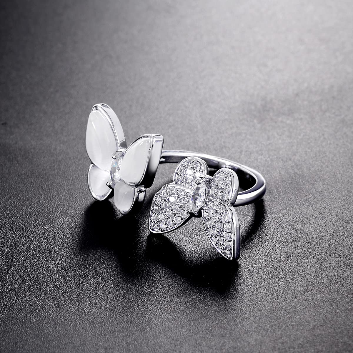 U/B Double Butterfly Rings for Women Natural Opal Ring Ladies Fashion Hand Jewelry AAA Cubic Zirconia Adjustable Ring (Silver)