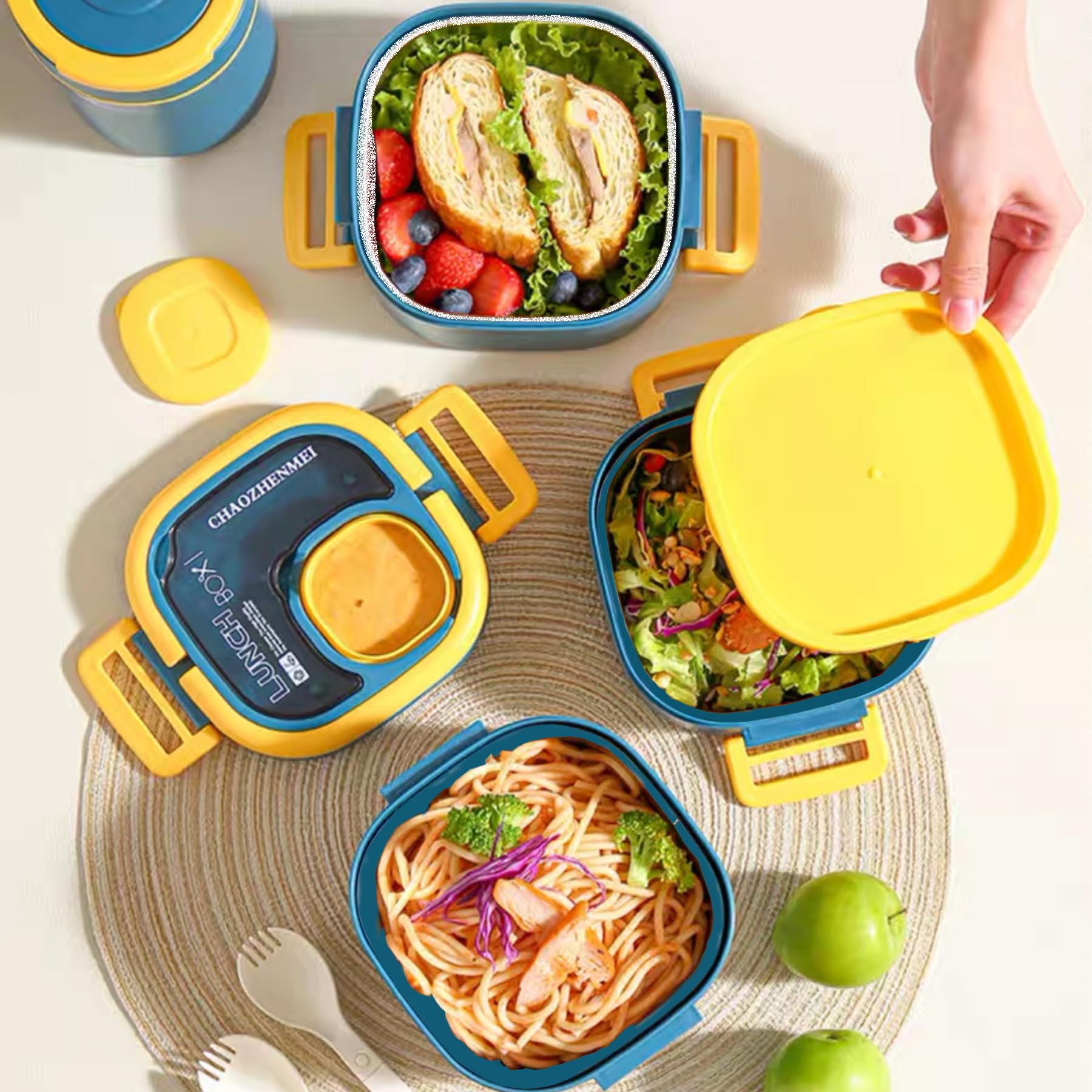 Tinaforld Salad Container Bowl Large 82 oz,Bento box Adult Lunch Box,3 Stackable Tray, 3 oz Sauce Cups,Built-In Reusable Fork and Knife, BPA-Free