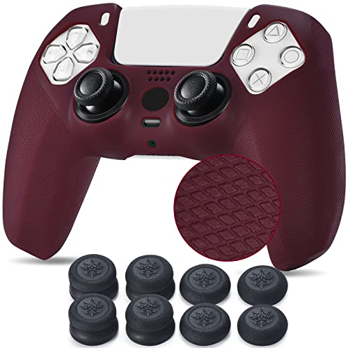 YoRHa Grip Texture Silicone Cover Skin Case for PS5 Controller x 1(Whine Red) with Pro Thumb Grips x 8