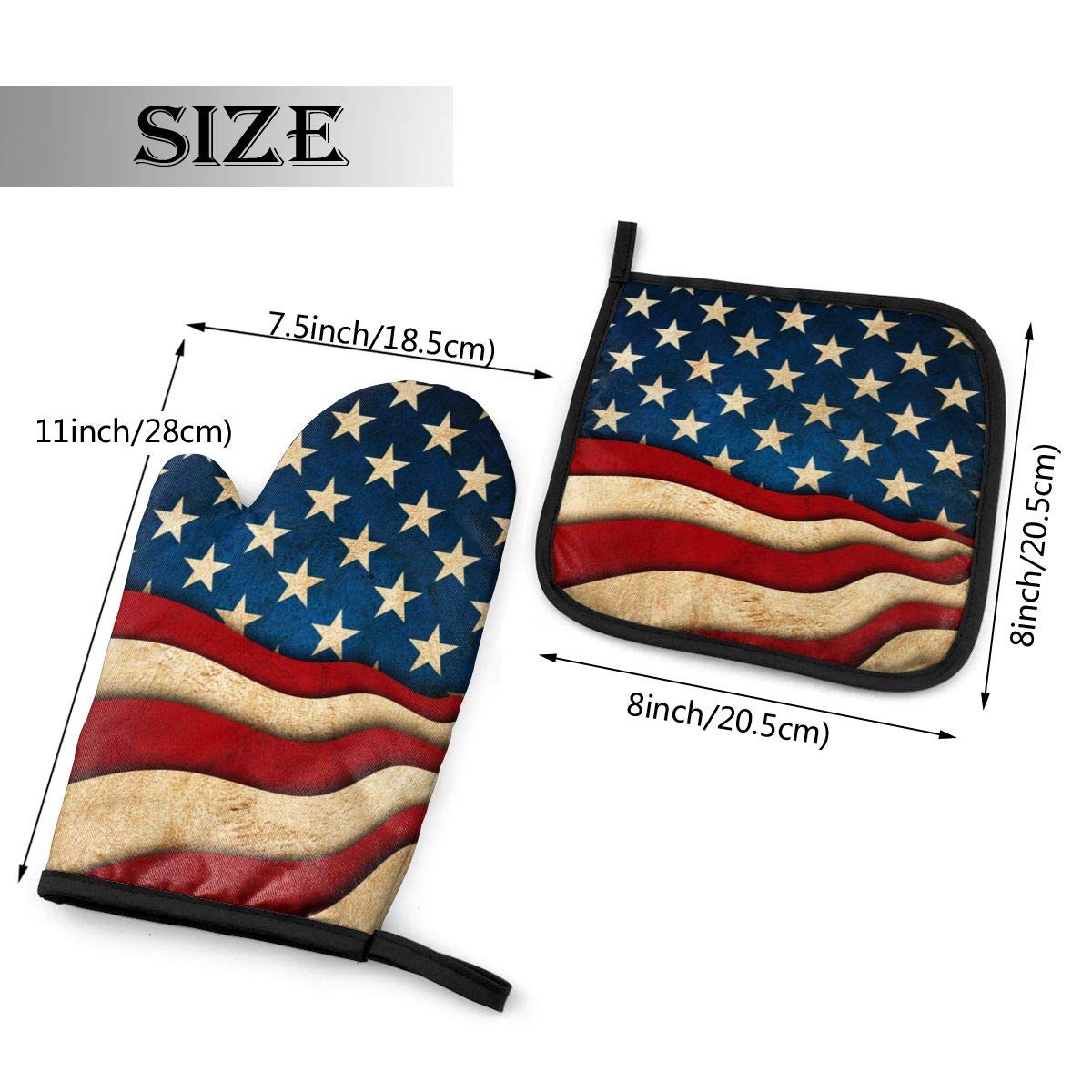 VunKo Retro American Flag Oven Mitts and Pot Holders Sets Heat Resistant Kitchen Oven Gloves Non-Slip for Safe BBQ Cooking Baking Grilling Set of 2