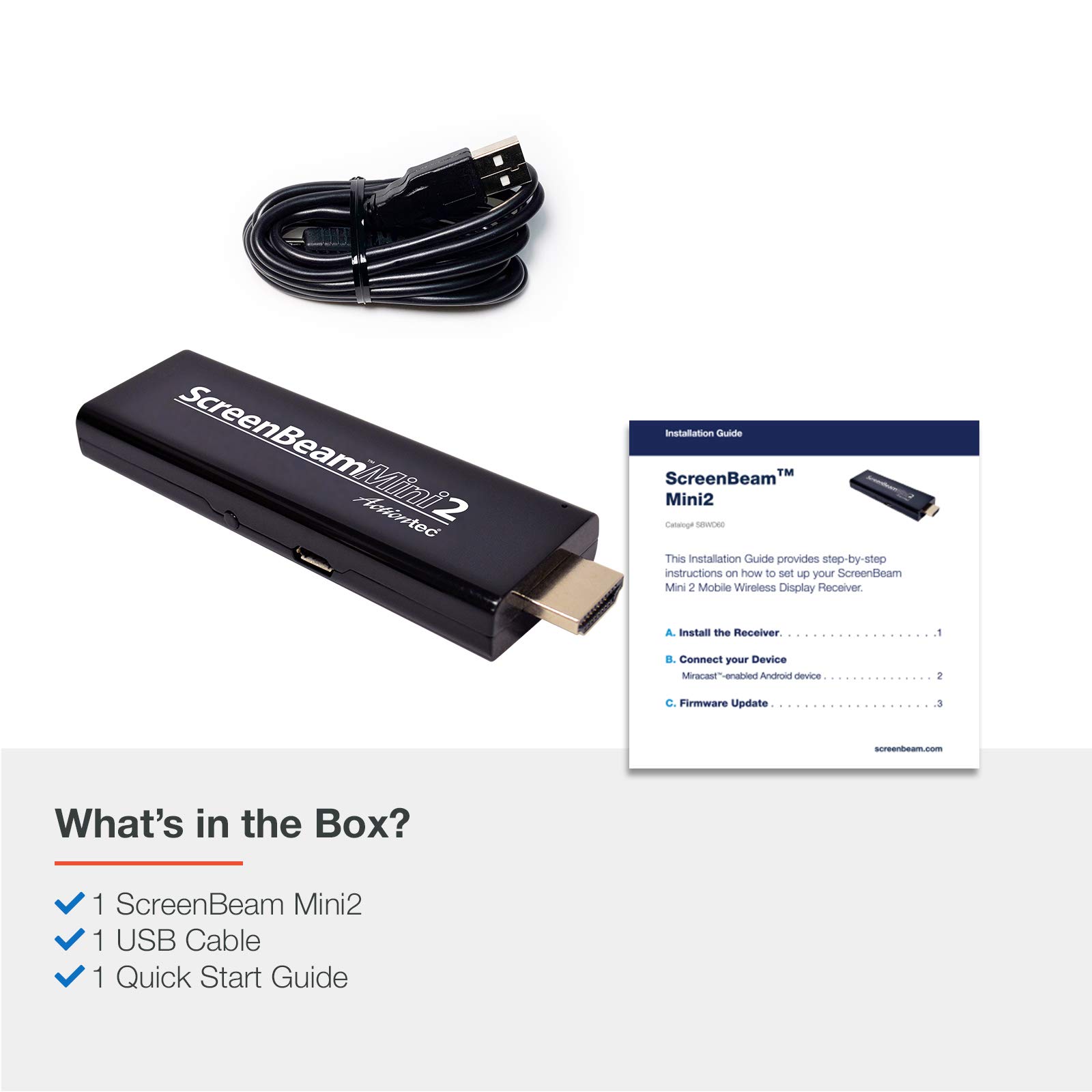 ScreenBeam Mini2 Mobile Wireless Display Adapter with Miracast (SBWD60MBL01) - Mirror Phone Screen to HDTV, HDMI Connector, No Apps Required, Supports Select Microsoft & Android Devices