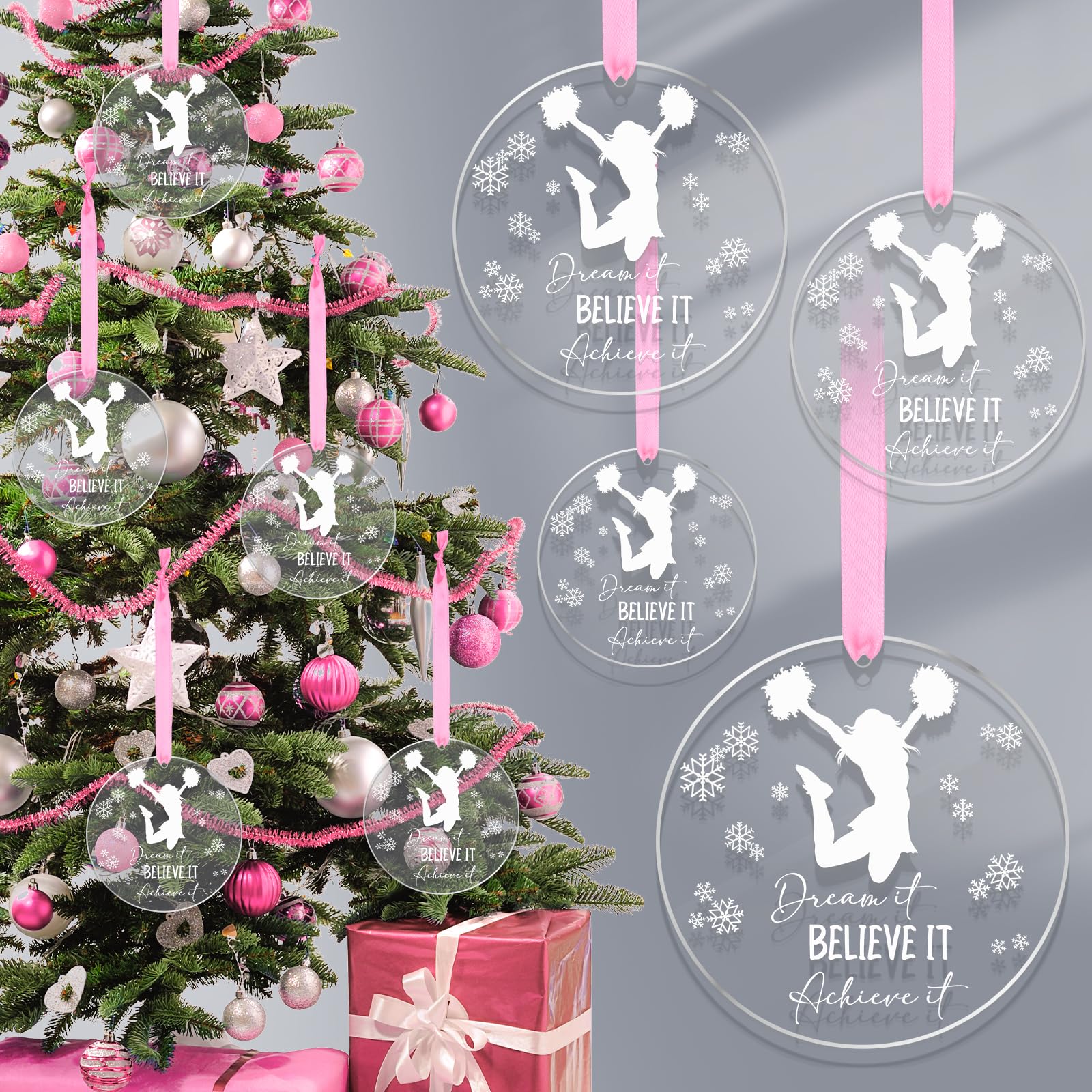 Roowest Hanging Ornament, Cheerleader Style 18 Pcs, Acrylic Christmas Ornament for Tree, Believe It Dream It Achieve It Cheerleading Coach Gift