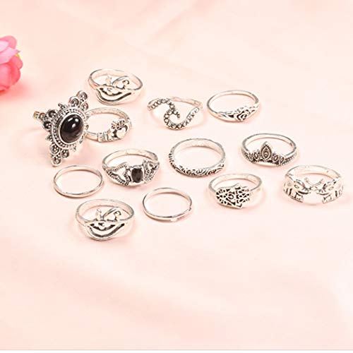 Woeoe Boho Silver Stackable Rings Carved Vintage Joint Nail Ring Sets Retro Gemstone Knuckle Midi Rings Set for Women and Girls