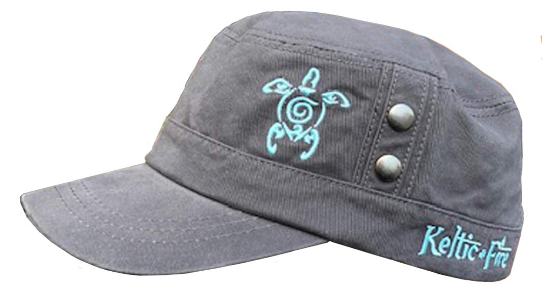 Womans Cadet Cap with Ocean Beach Theme, Short Brim Baseball Hat Featuring Celtic Design Sea Turtle (White with Turquoise Blue Turtle)