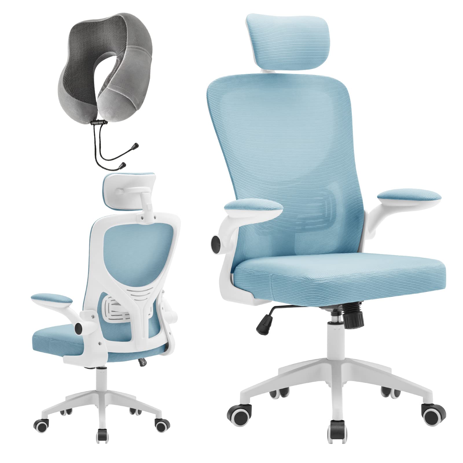 QUICK HORSE Ergonomic Office Chair, High Back Office Desk Chair with Adjustable Headrest and Neckrest, Swivel Computer Mesh Chair, for Office, Home and Study Room(White Green)