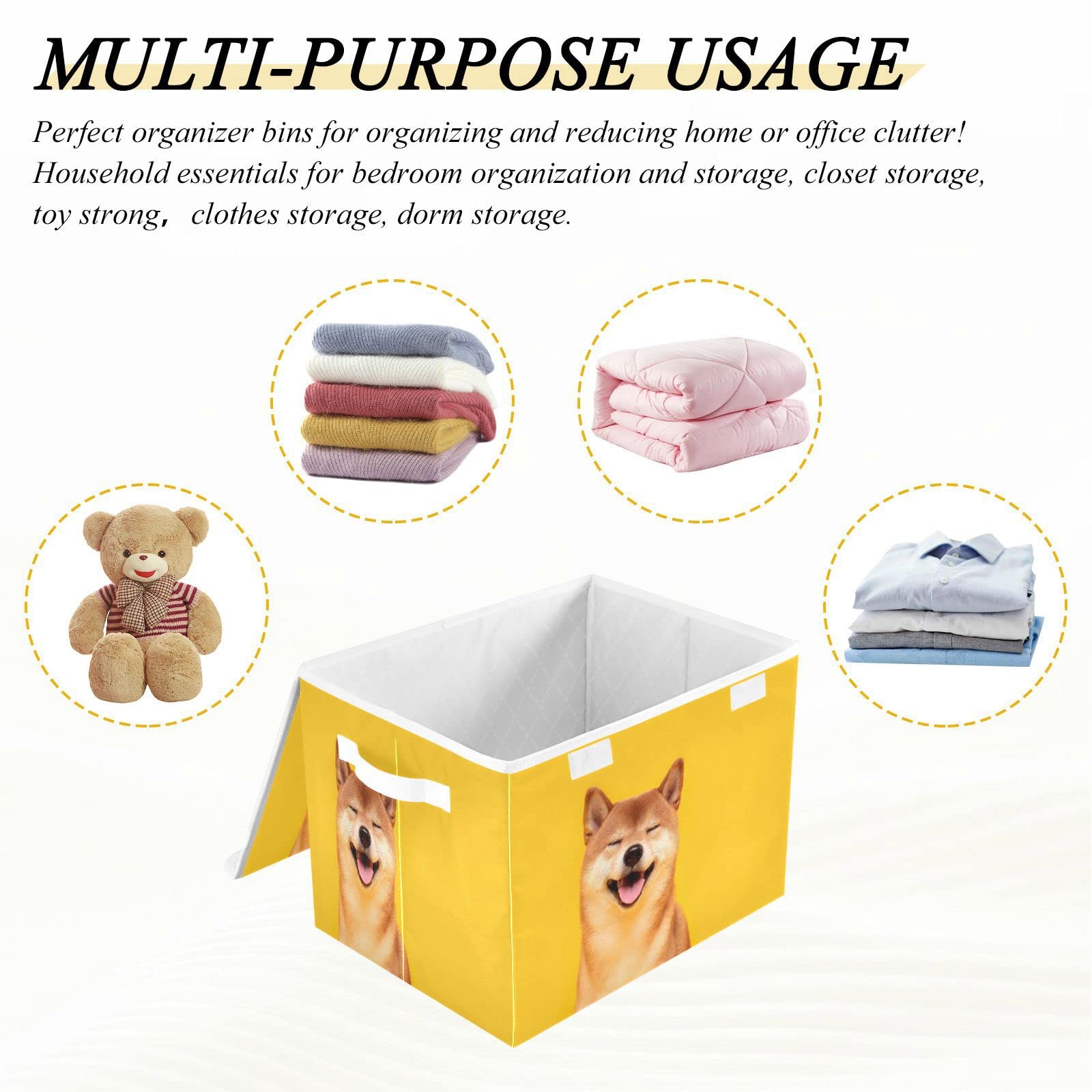 Wusikd Shiba Inu Dog Storage Basket Yellow Storage Boxes with Lids and Handle, Large Storage Cube Bin Collapsible for Shelves Closet Bedroom Living Room, 16.5x12.6x11.8 In