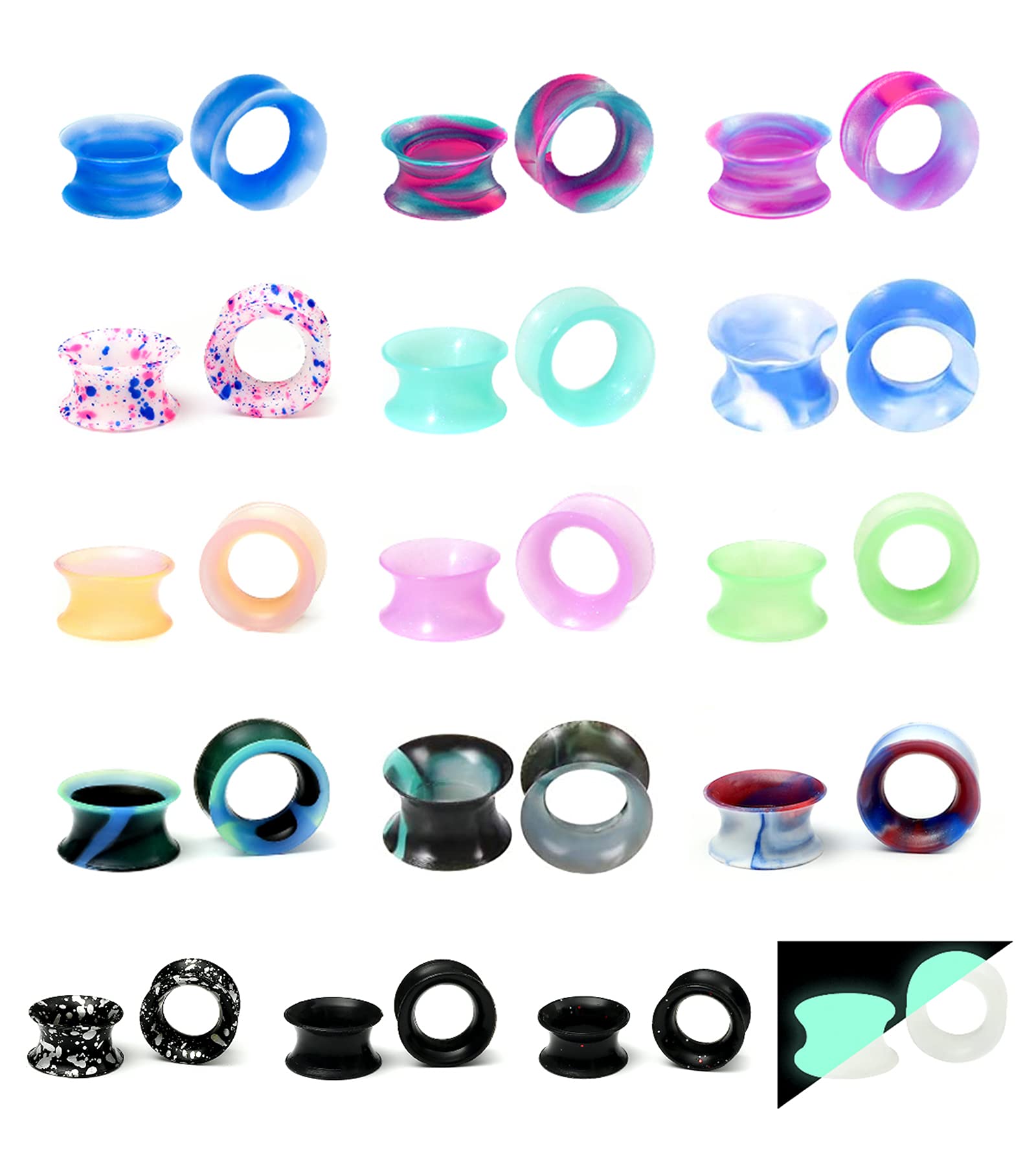WYR 32PCS Hollow Double Flared Hard Silicone Ear Tunnels and Plugs Ear Gauges Expander Stretcher Body Piercing Jewelry 0g(8mm)