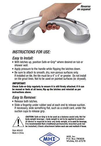 Safe-er-Grip Changing Lifestyles Suction Cup Grab Bars for Bathtubs & Showers; Safety Bathroom Assist Handle, Chrome, 16 inches