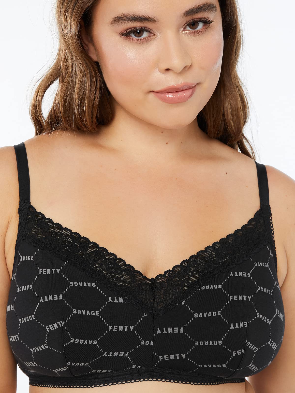 Savage X Fenty, Women's, Cotton Essentials Bralette, Cotton, Unlined Bralette, Black Caviar Logo Print, 2X