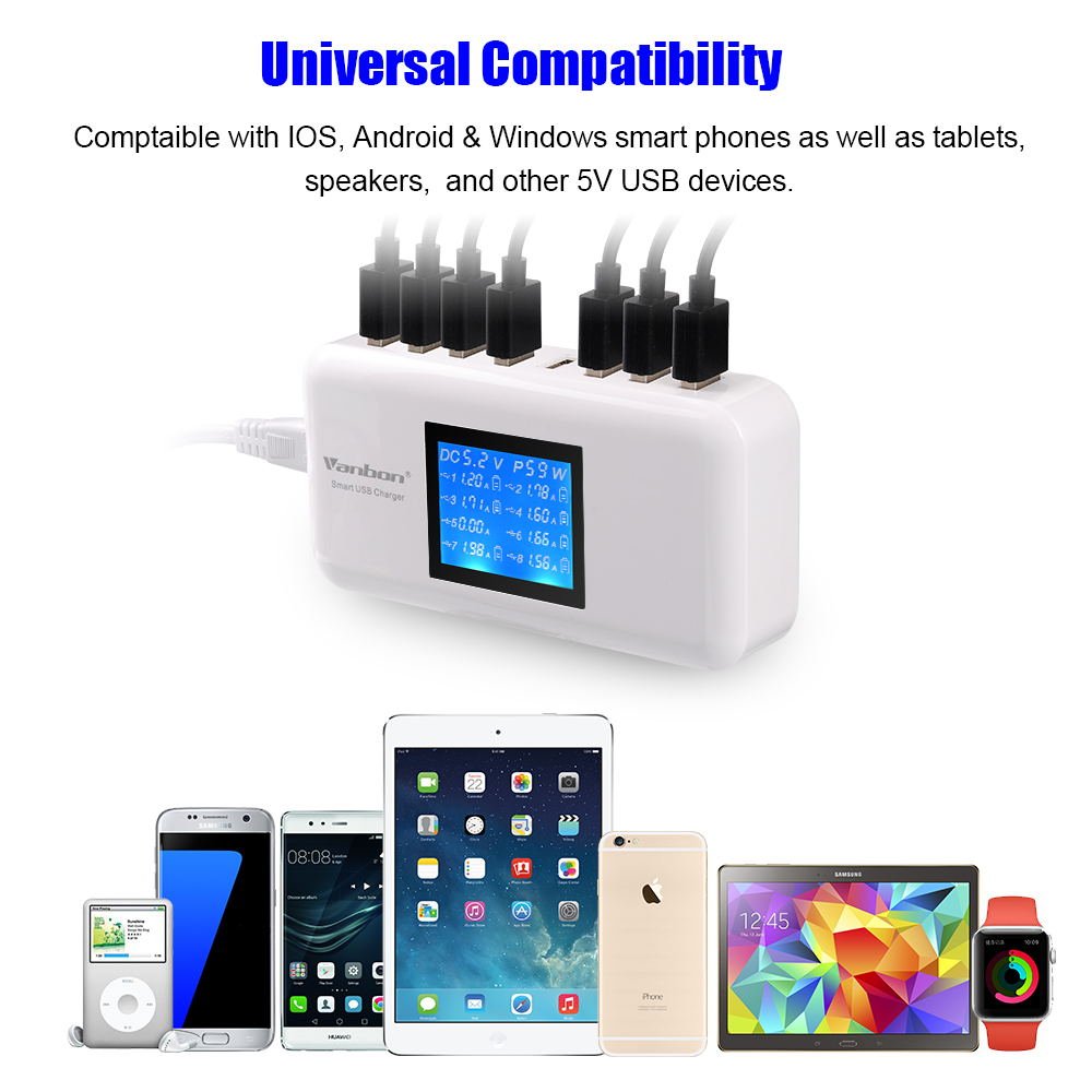 Vanbon 60W 8-Port USB Wall Charger, Multi Port USB Charger Charging Station W/LCD Compatible with Smart Phone, Tablet and Multiple Devices