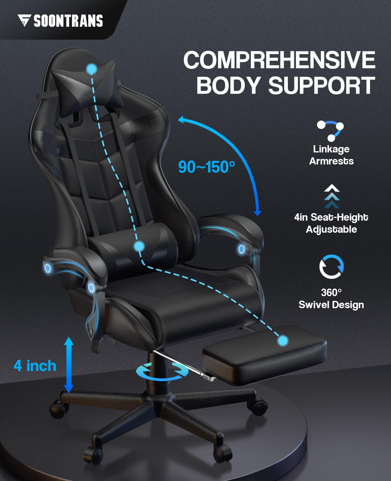 Soontrans Black Gaming Chairs with Footrest, Ergonomic Gamer Chair, Home Office Chair,PC Computer Chair with Headrest and Lumbar Support(Dark Black)