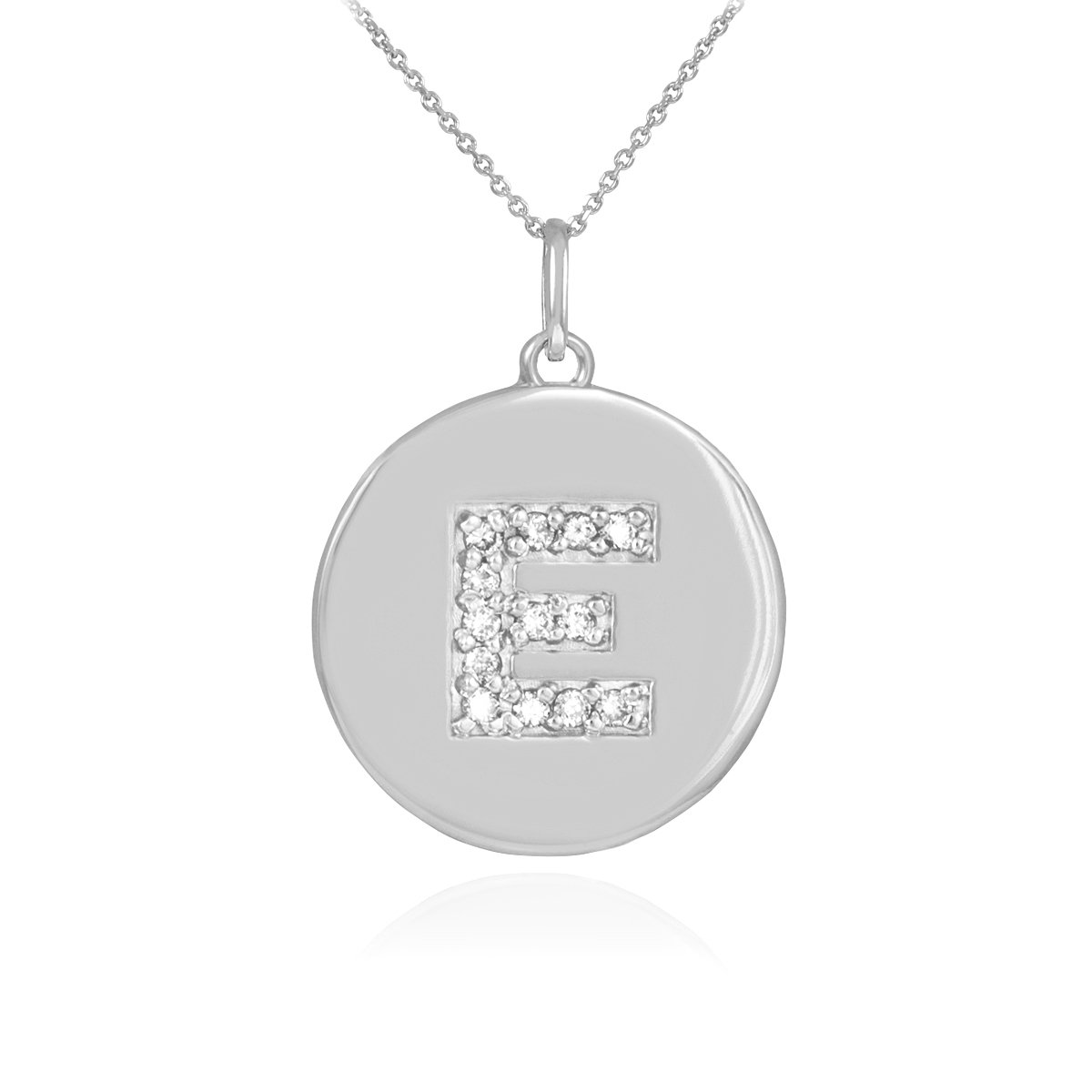 Sideways Crosses 10k White Gold Letter E Diamond Disc Initial Pendant Necklace (22 Inches)
